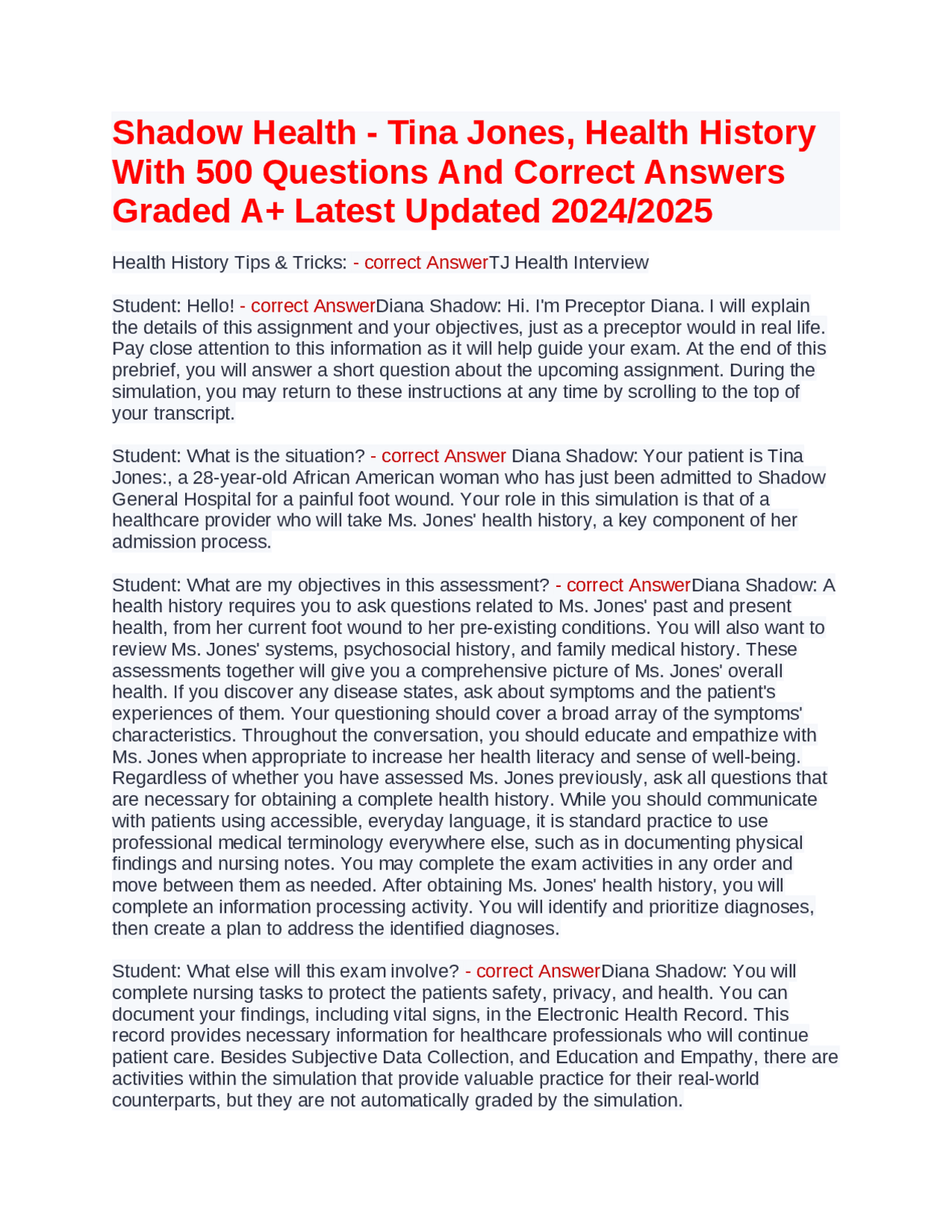 Shadow Health - Tina Jones, Health History With 500 Questions And ...