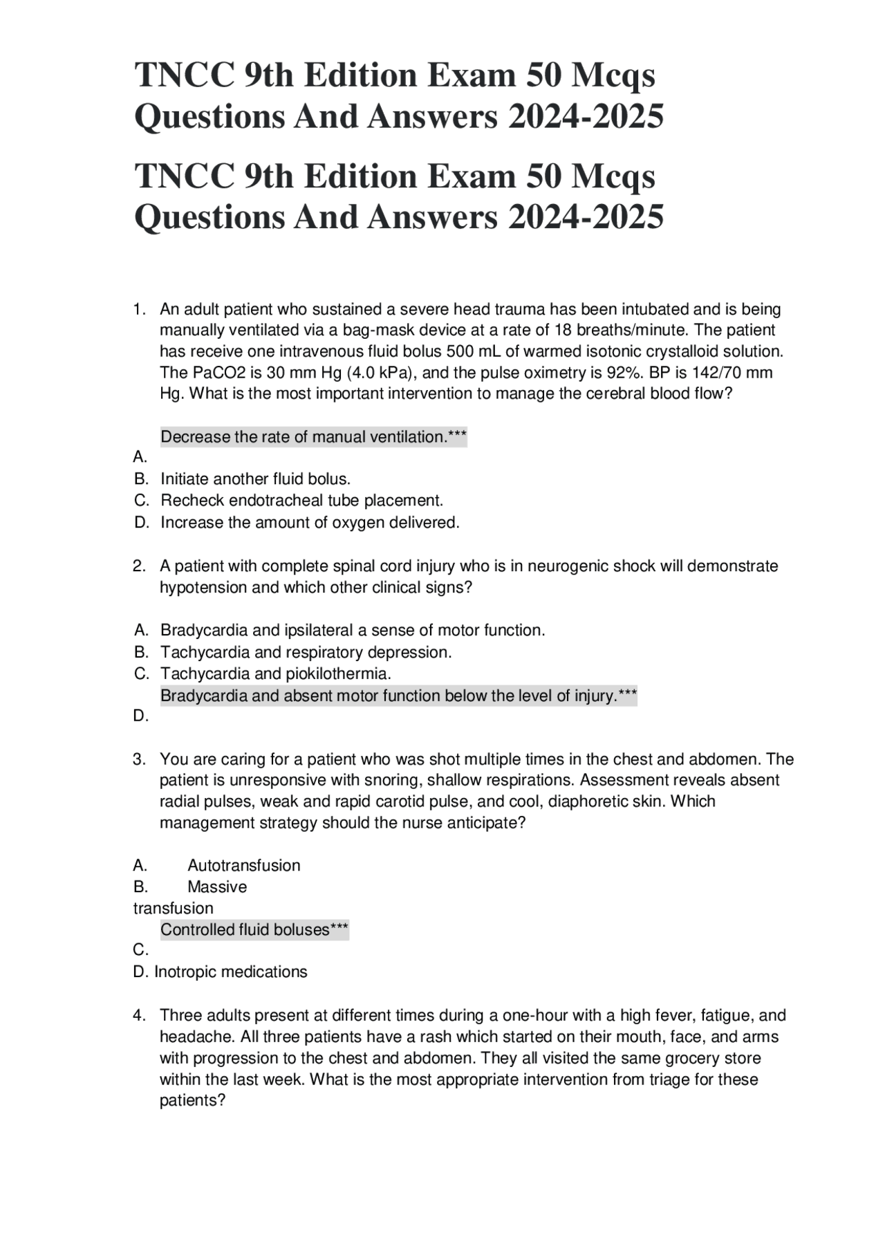 TNCC 9th Edition Exam 50 Mcqs Questions And Answers 2024-2025 | Exams ...