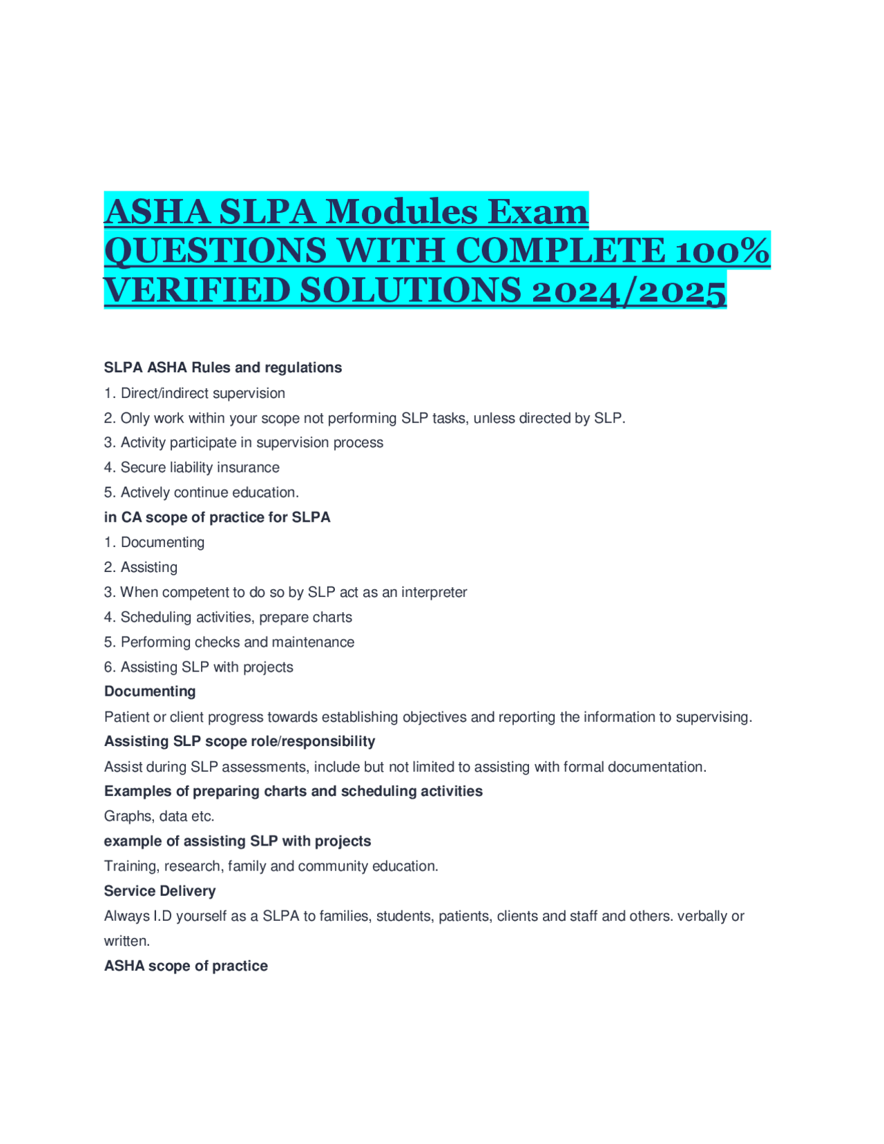 ASHA SLPA Modules Exam QUESTIONS WITH COMPLETE 100% VERIFIED SOLUTIONS ...