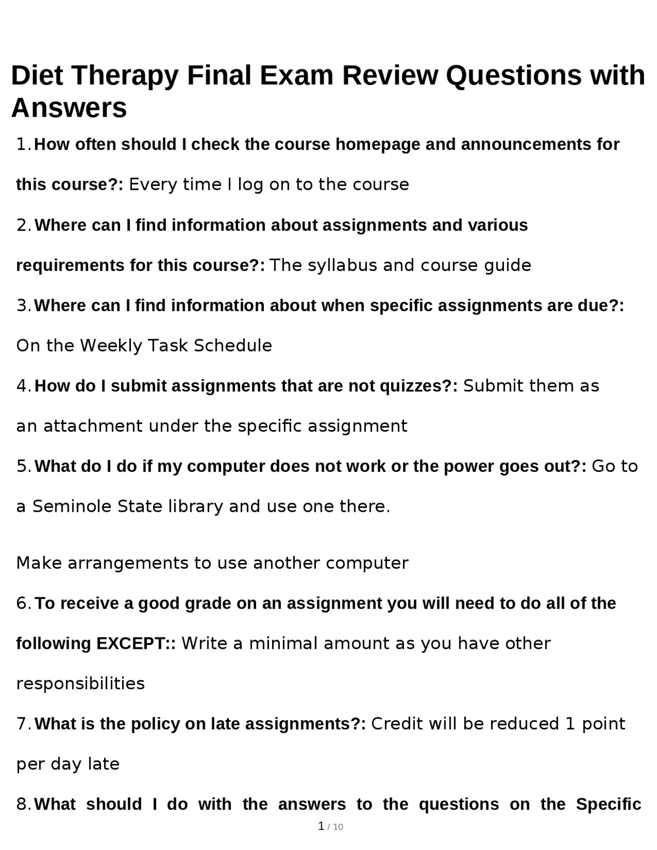 Diet Therapy Final Exam Review Questions with Answers | Exams Dietetics ...