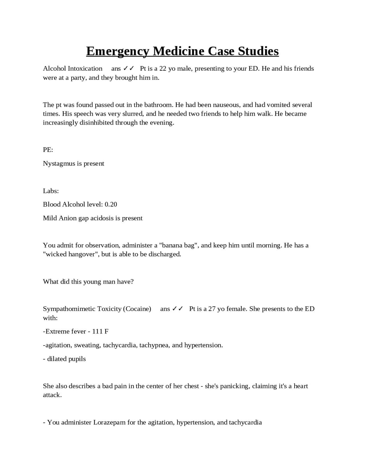 Emergency Medicine Case Studies | Exams Nursing | Docsity