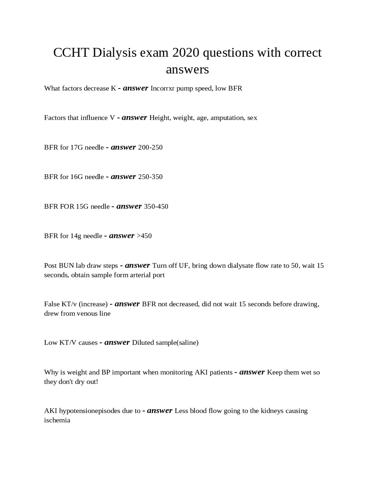 CCHT Dialysis Exam 2020 Questions and Answers | Exams Nursing | Docsity