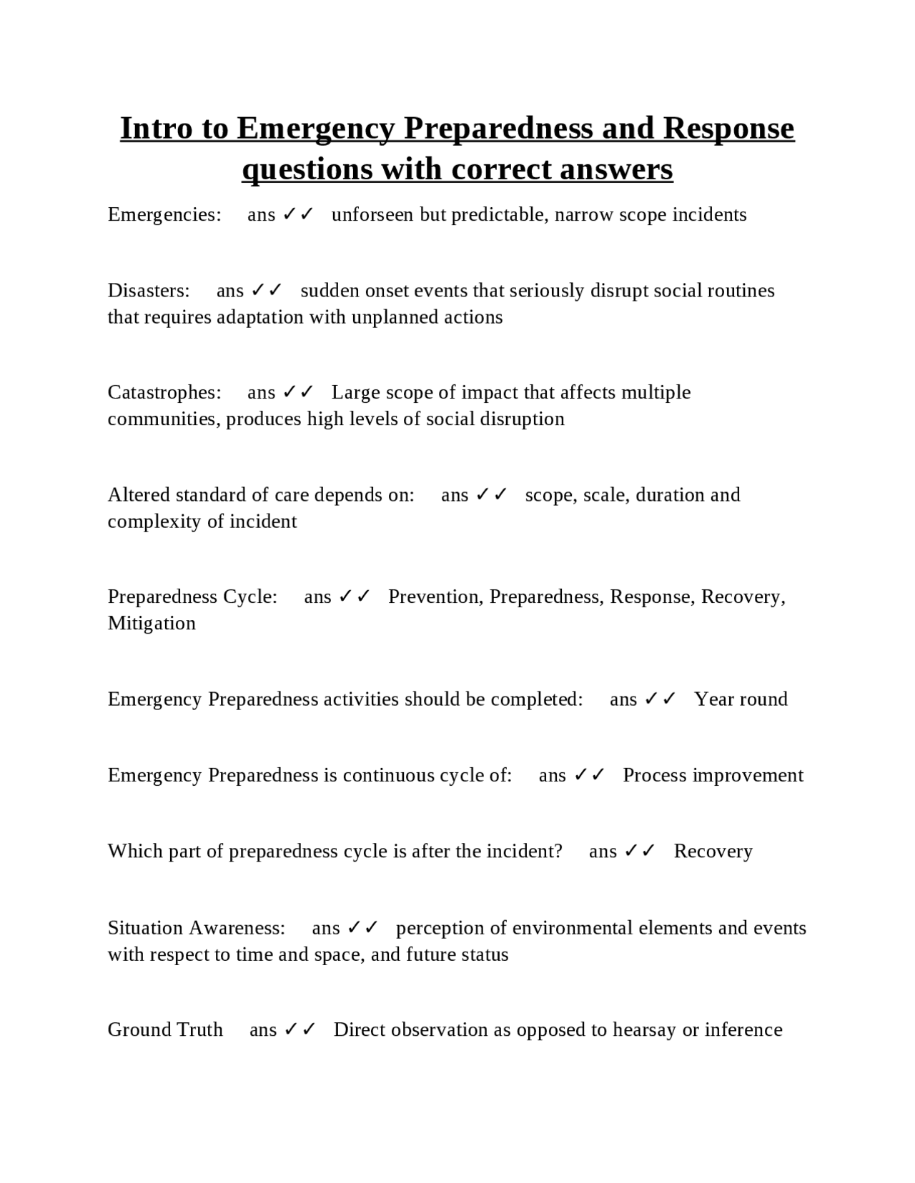 Intro to Emergency Preparedness and Response questions with correct ...