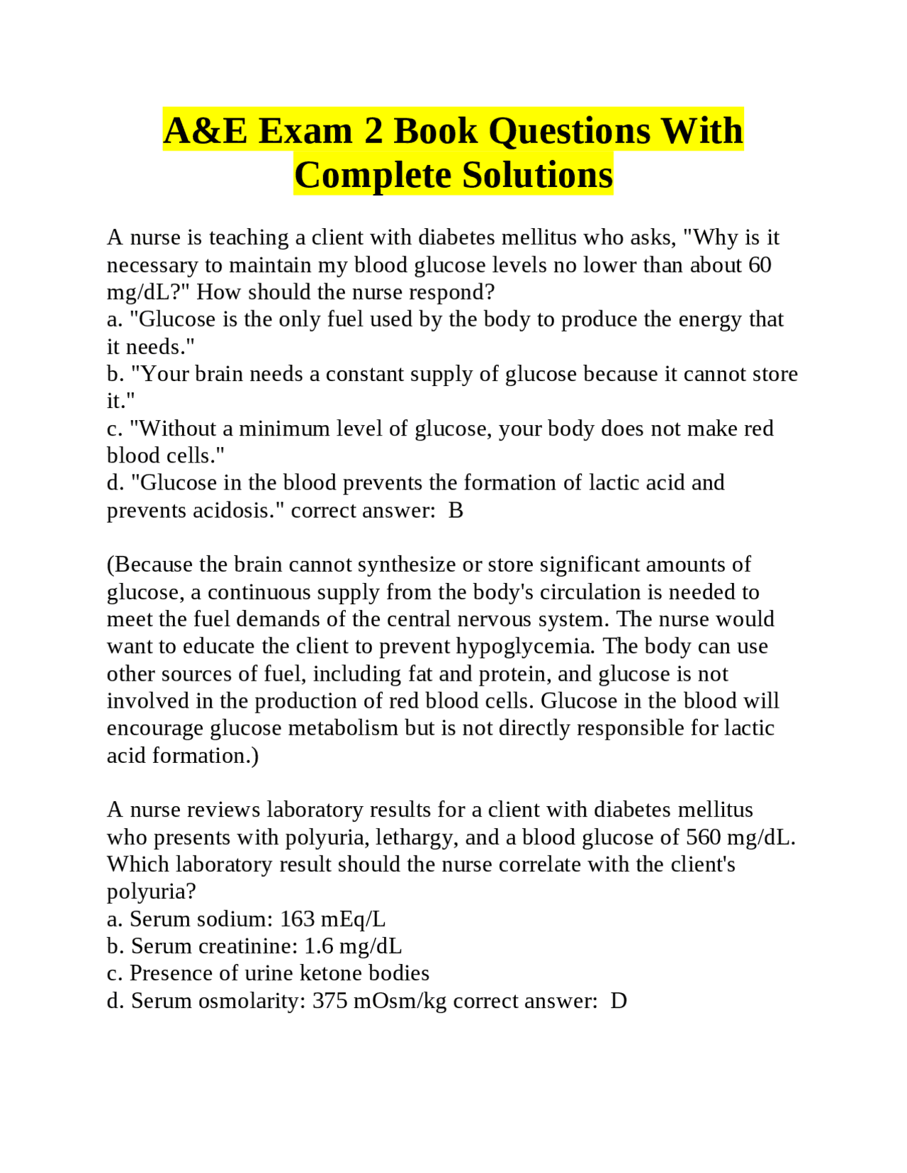 A&E Exam 2 Book Questions With Complete Solutions | Exams Nursing | Docsity