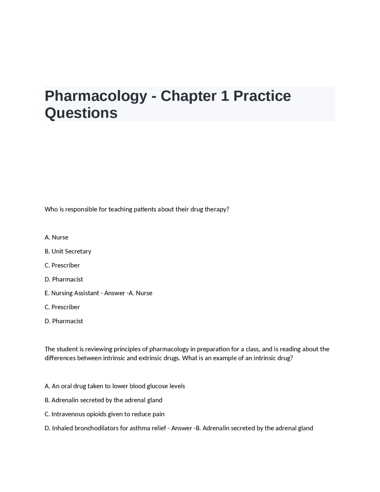 Pharmacology - Chapter 1 Practice Exam Questions and Answers | Exams ...