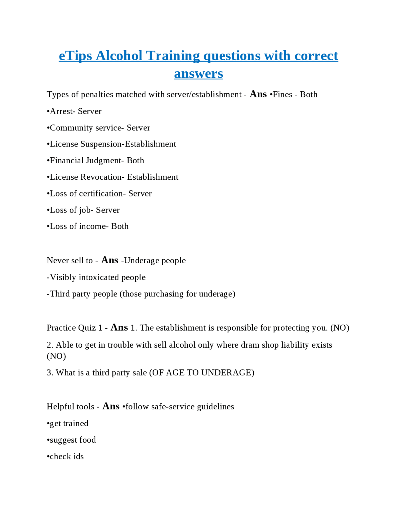 eTips Alcohol Training questions with correct answers | Exams Nursing ...