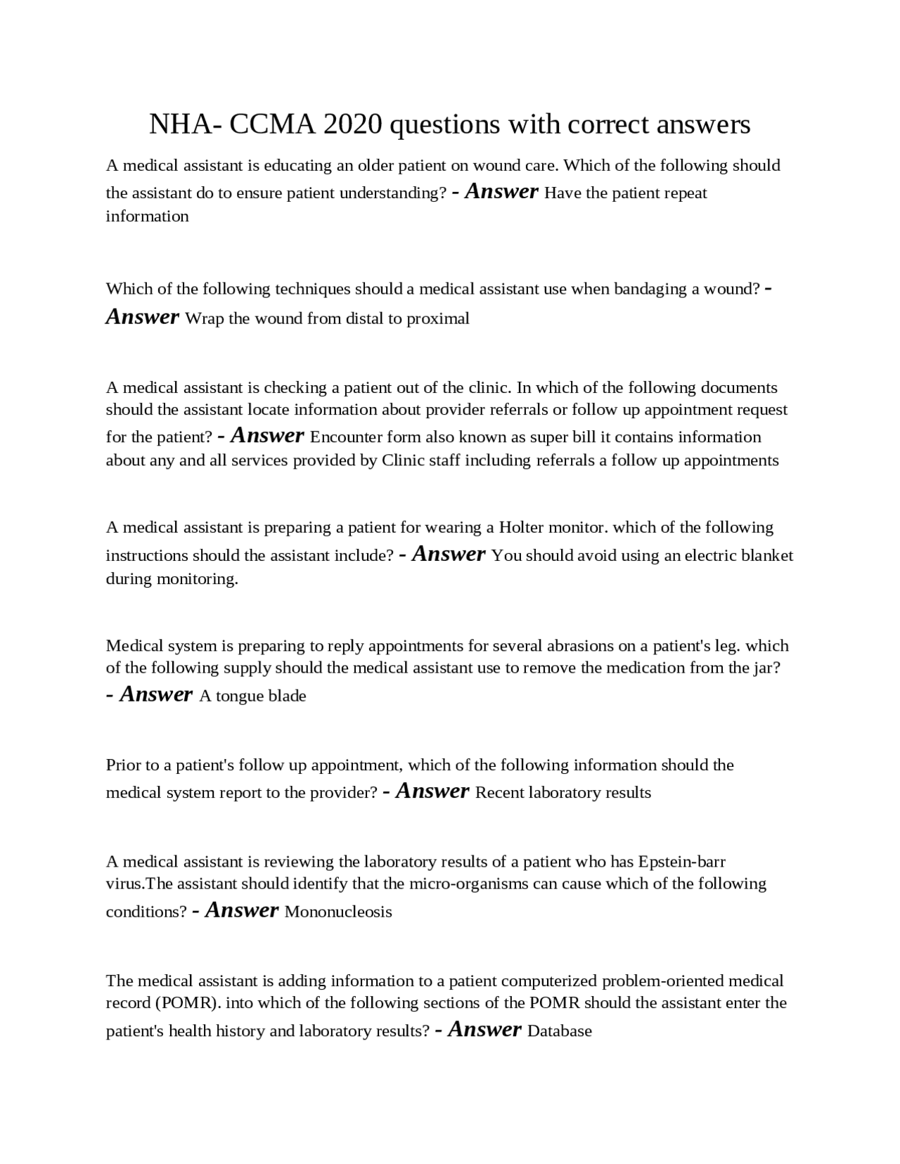 NHA- CCMA 2020 questions with correct answers | Exams Nursing | Docsity