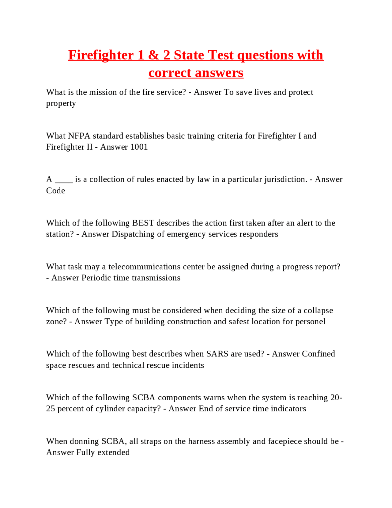 Firefighter 1 & 2 State Test questions with correct answers | Exams ...