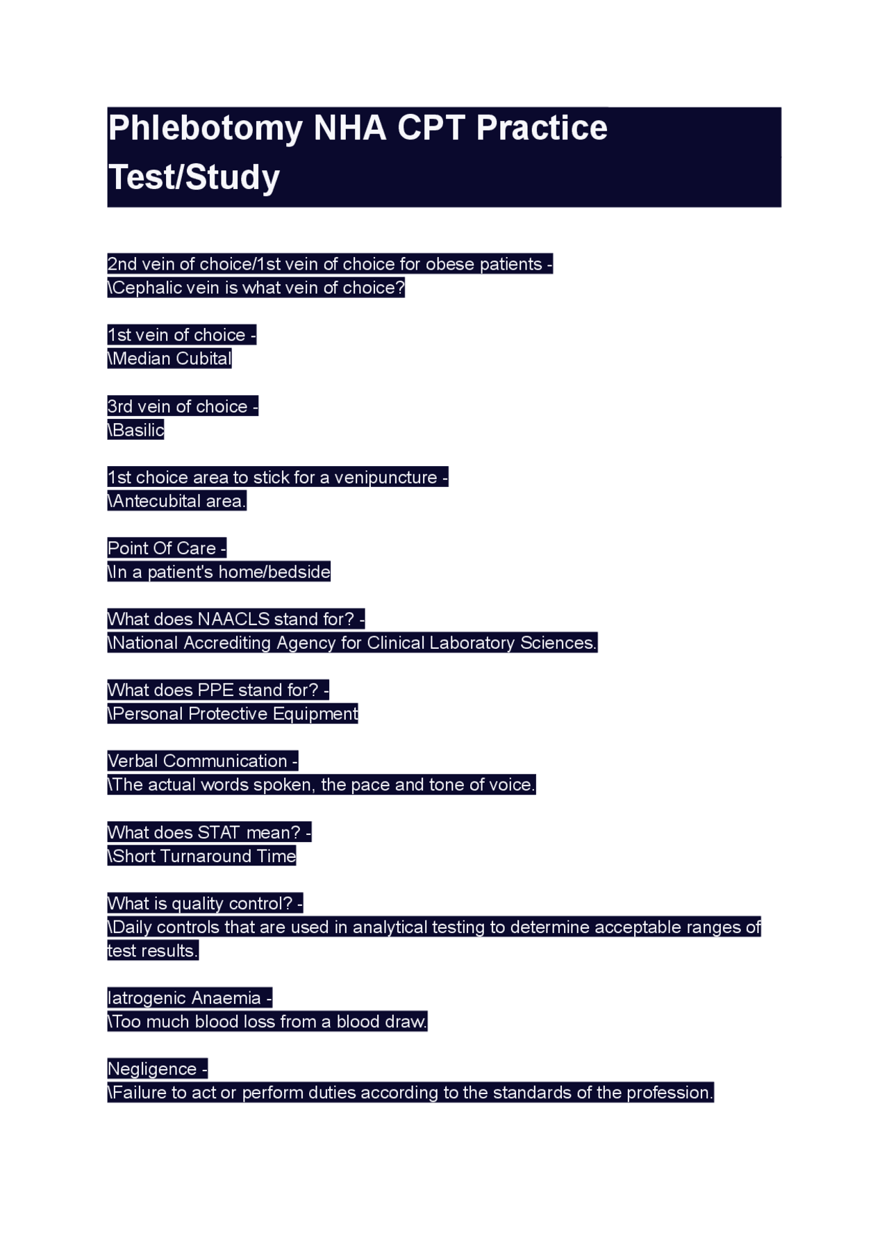 Phlebotomy NHA CPT Practice Test/Study | Exams Clinical chemistry | Docsity