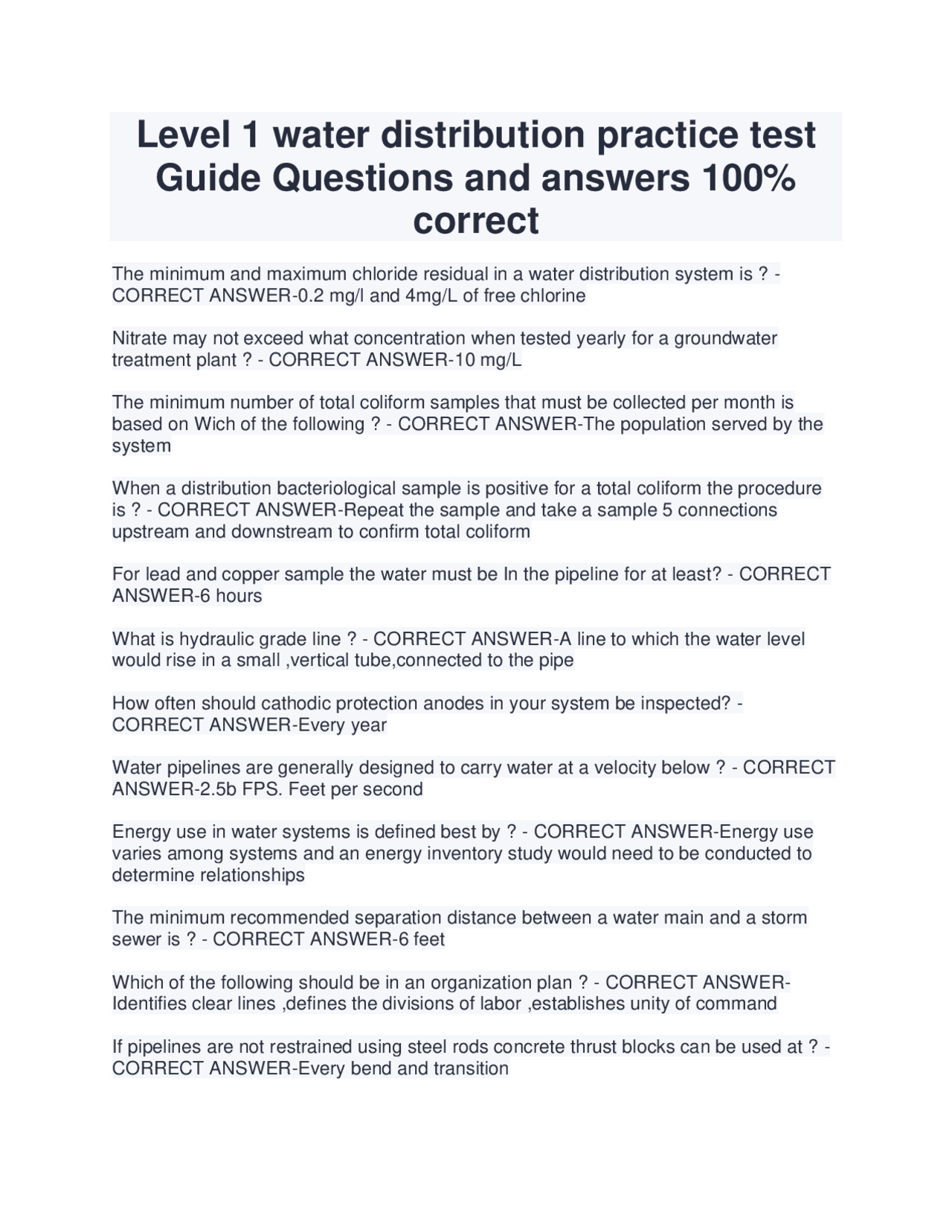 Level 1 water distribution practice test Guide Questions and answers ...