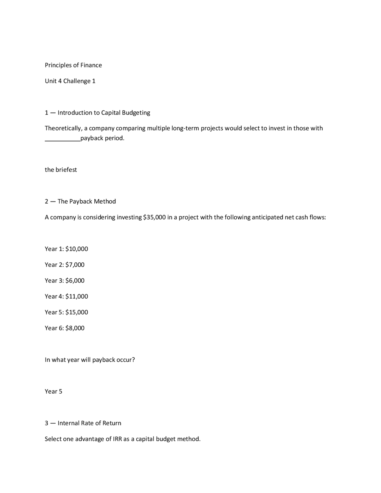 Principles of Finance Unit 4 Challenge 1 | Exams Finance | Docsity