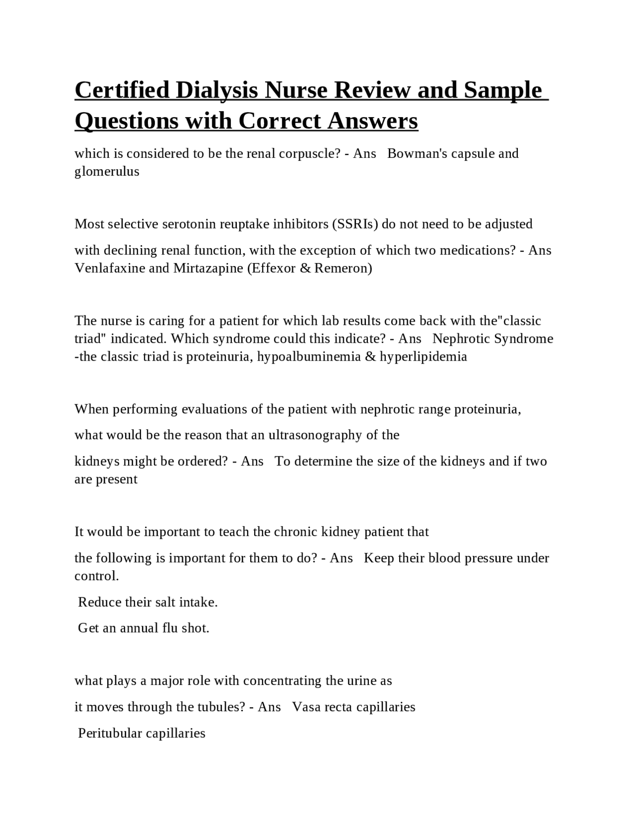 Certified Dialysis Nurse Review and Sample Questions with Correct ...
