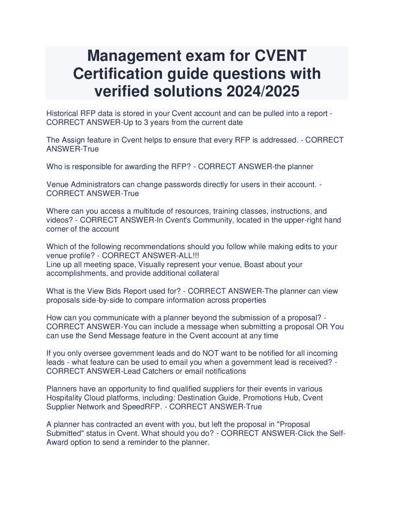 Management exam for CVENT Certification guide questions with verified ...
