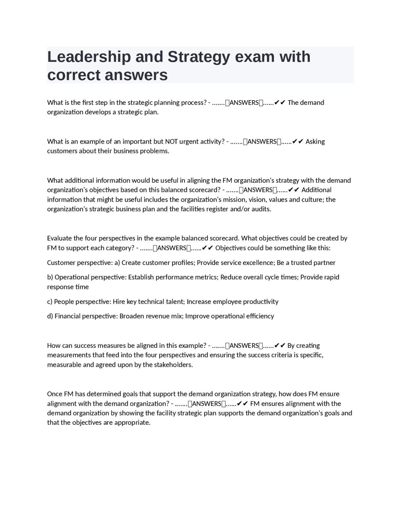 Leadership and Strategy exam with correct answers | Exams Leadership ...