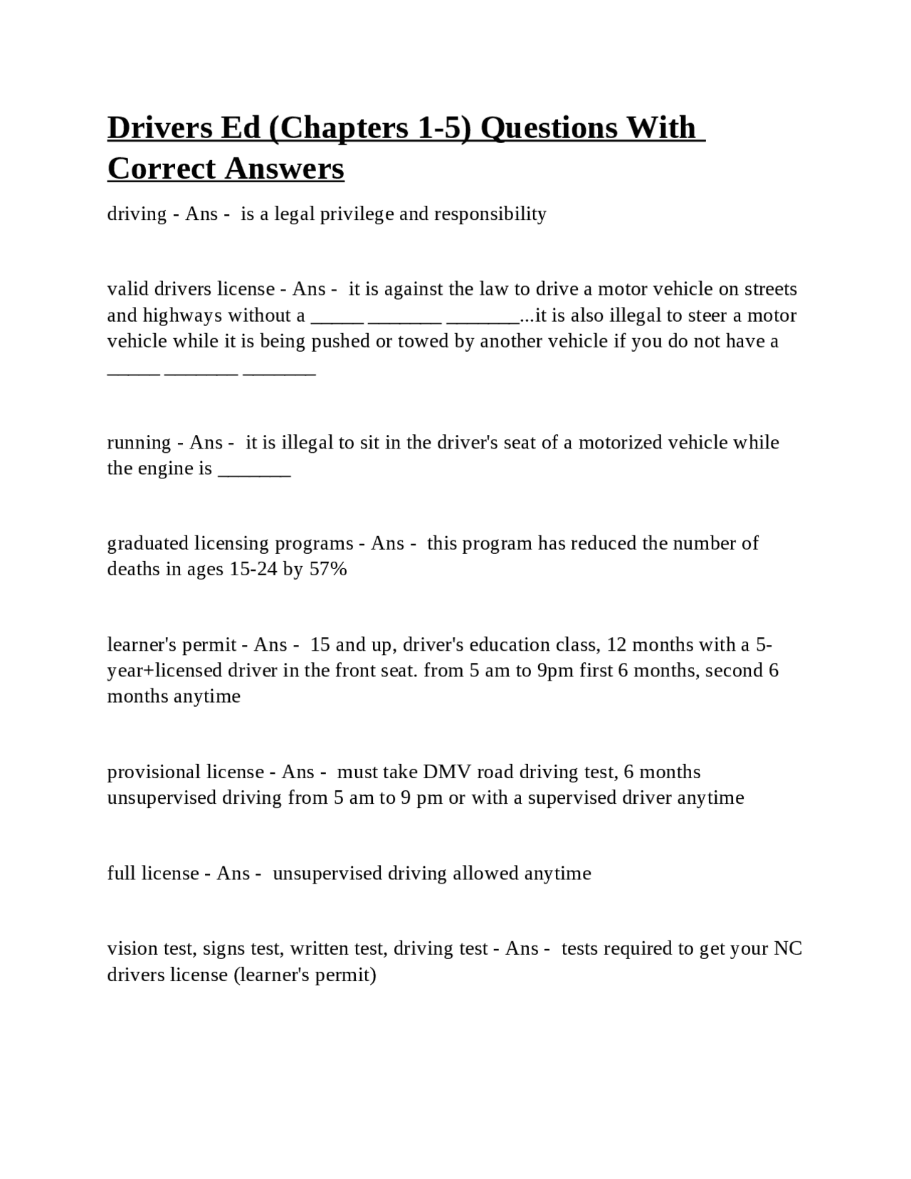 Drivers Ed (Chapters 1-5) Questions With Correct Answers | Exams Law ...