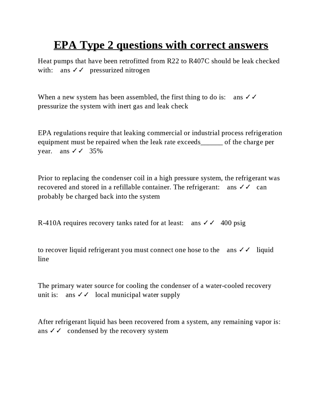 EPA Type 2 Refrigerant Handling Certification Questions and Answers ...