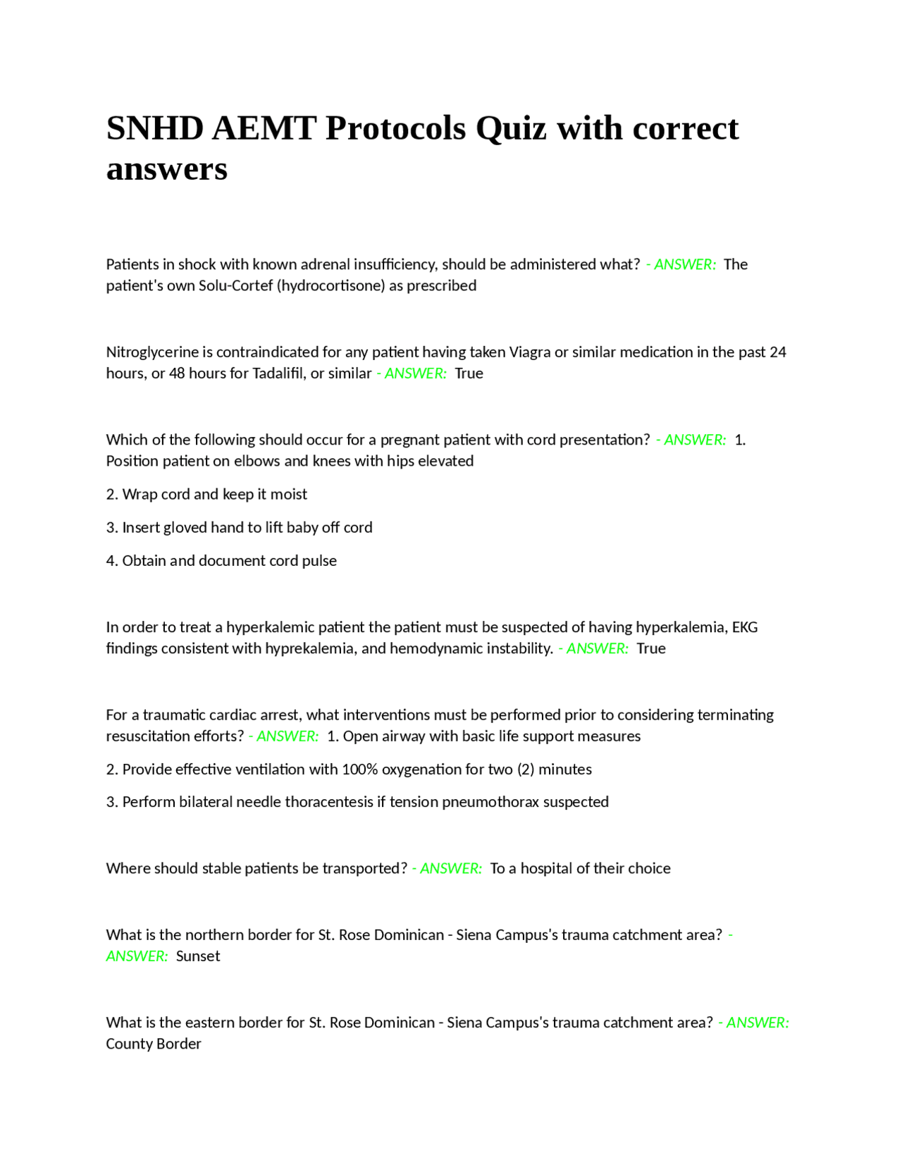 SNHD AEMT Protocols Quiz with correct answers | Exams Nursing | Docsity