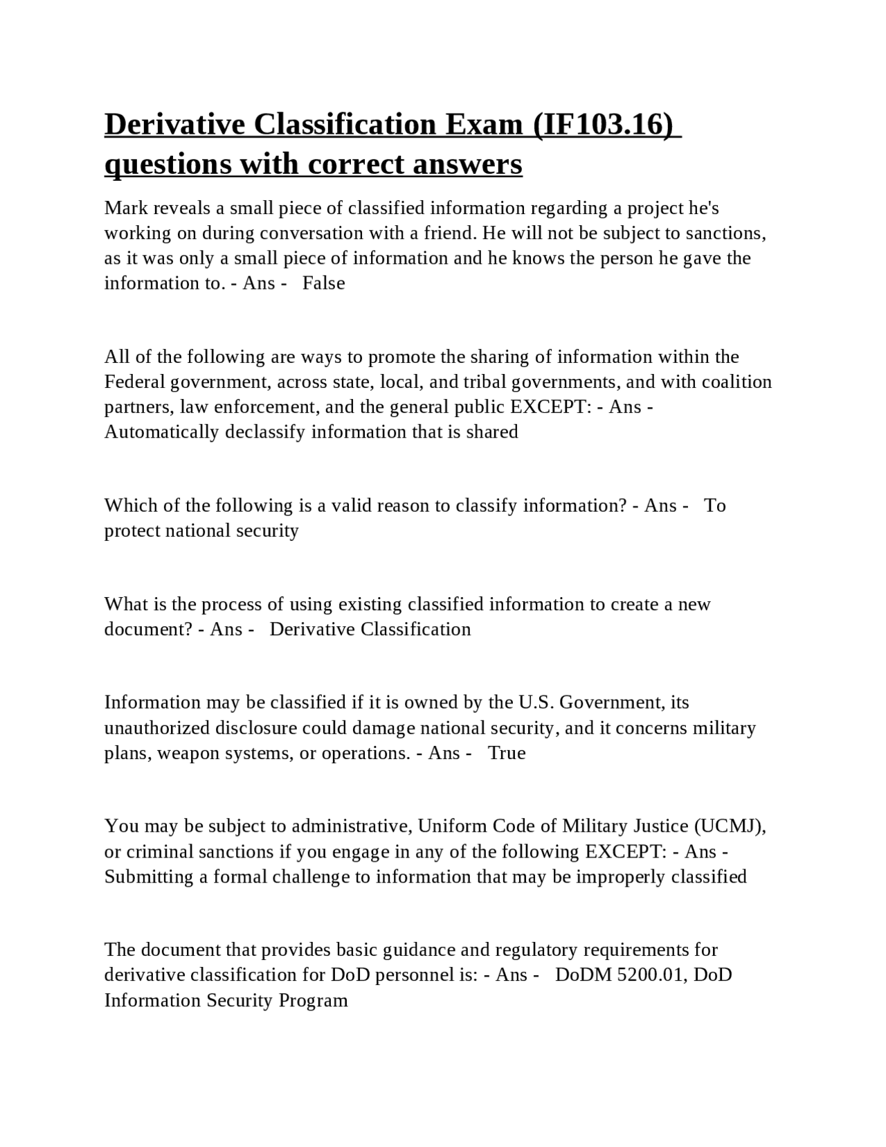 Derivative Classification Exam (IF103.16) - Questions and Answers ...