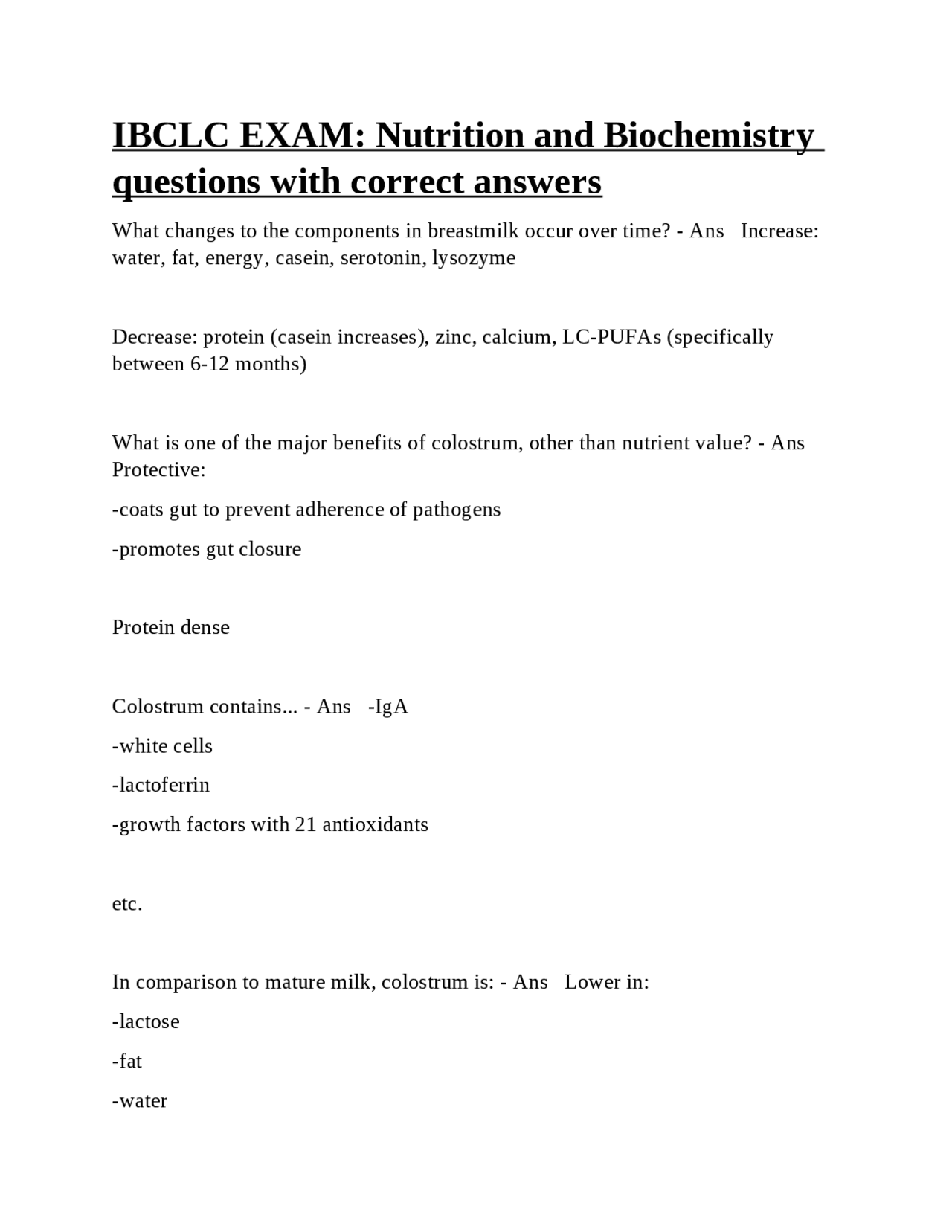 IBCLC EXAM: Nutrition and Biochemistry questions with correct answers ...