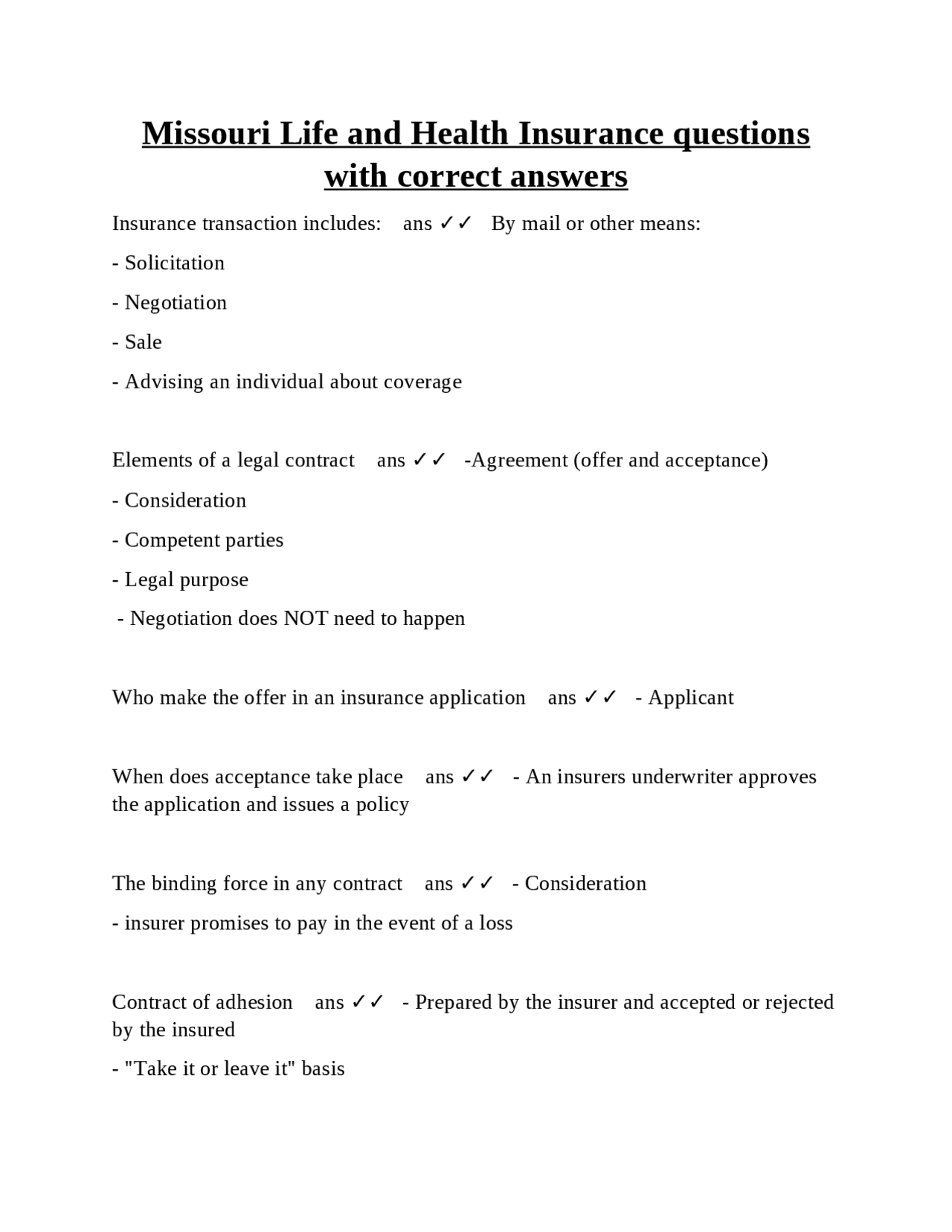 Missouri Life and Health Insurance questions with correct answers ...