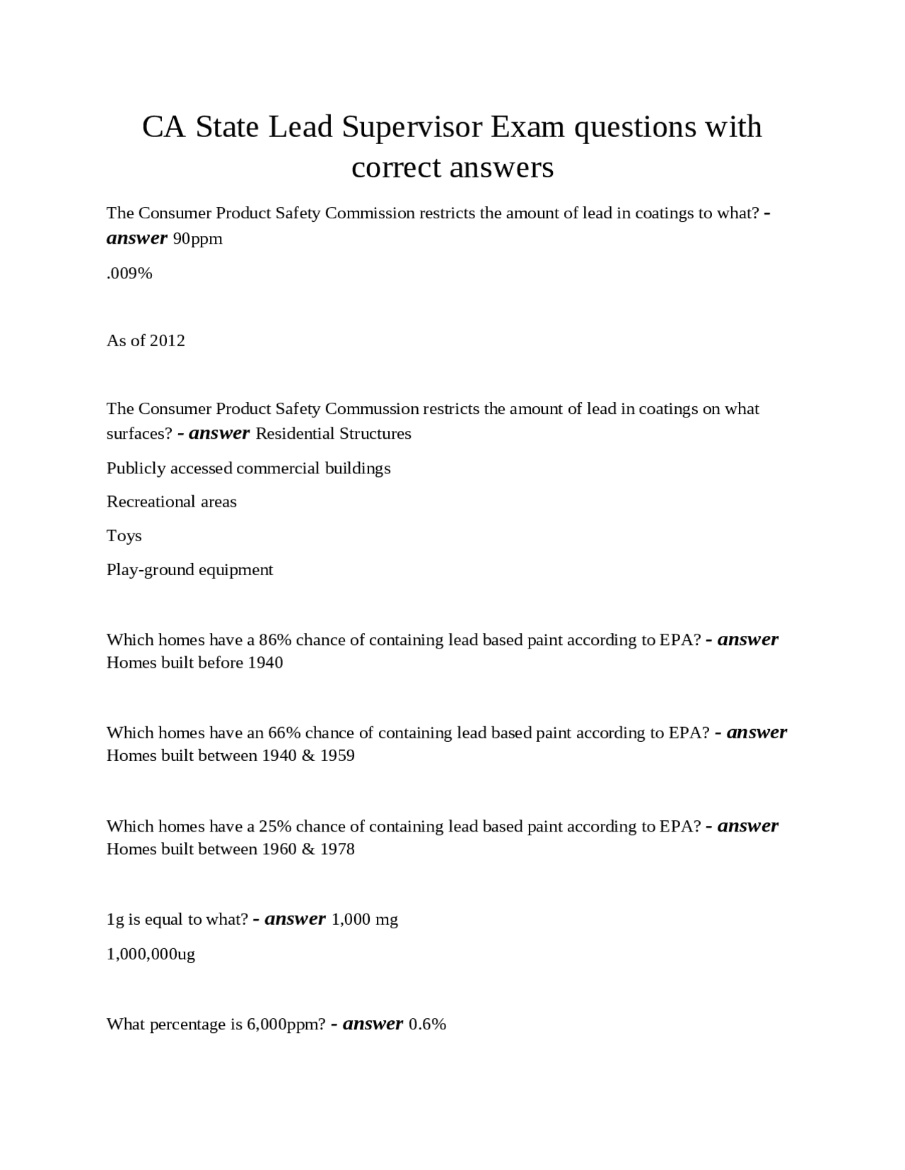 CA State Lead Supervisor Exam questions with correct answers | Exams ...