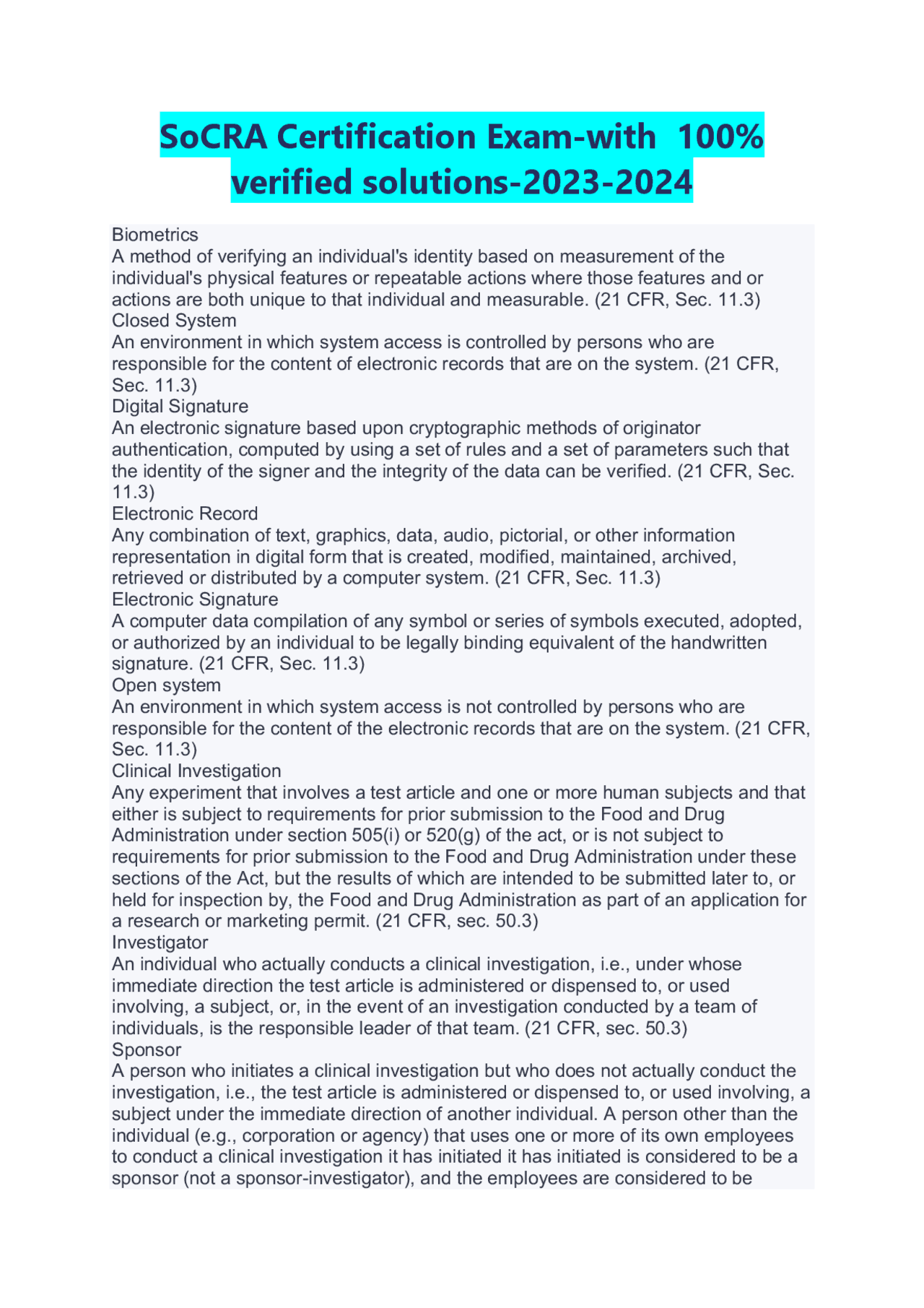 SoCRA Certification Exam-with 100% verified solutions-2023-2024 | Exams ...