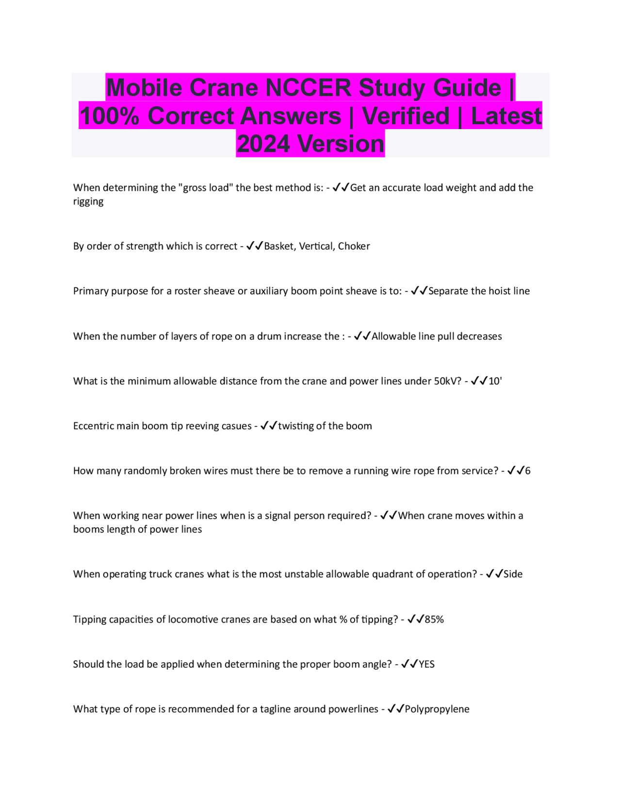 Mobile Crane NCCER Study Guide | Exams Engineering | Docsity