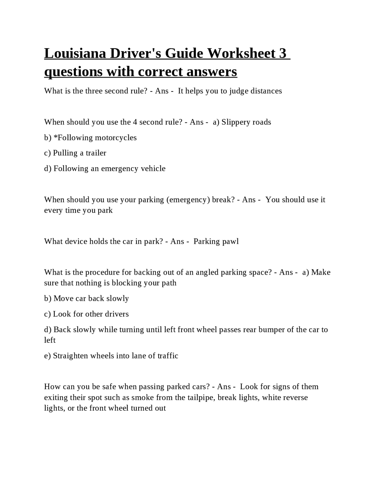 Louisiana Driver's Guide Worksheet 3 questions with correct answers ...