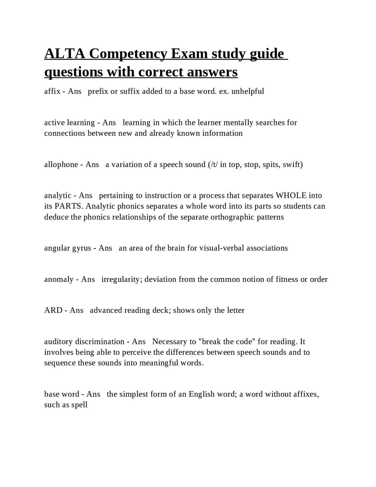 ALTA Competency Exam study guide questions with correct answers | Exams ...