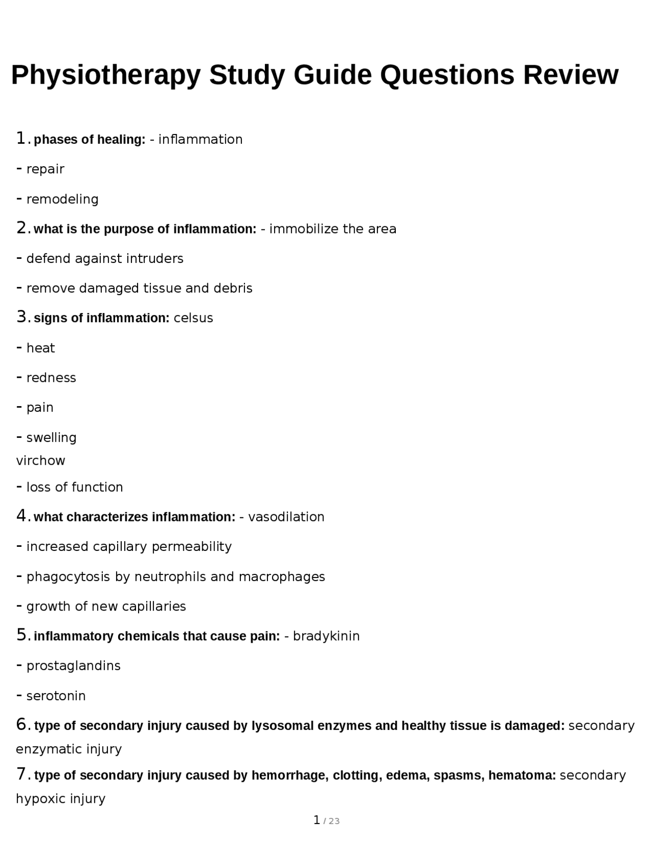 Physiotherapy Study Guide Questions Review | Exams Physiotherapy | Docsity