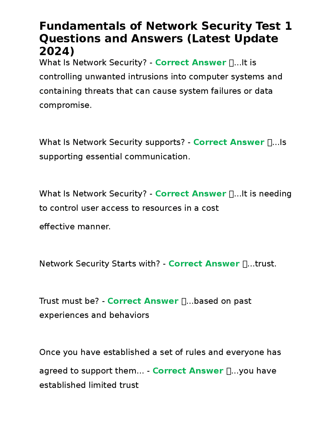Fundamentals of Network Security Test 1 Questions and Answers (Latest ...