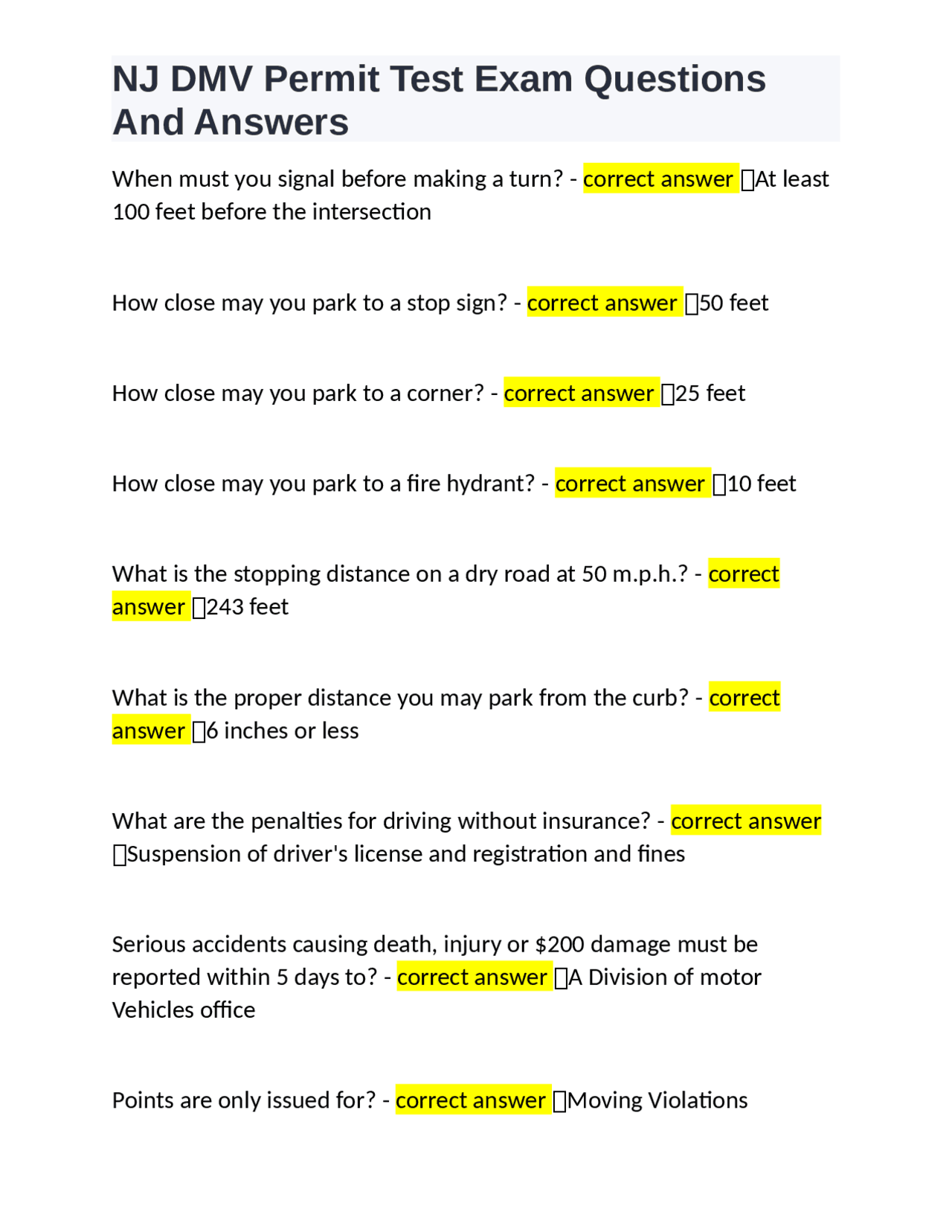 NJ DMV Permit Test Exam Questions And Answers | Exams Physical ...
