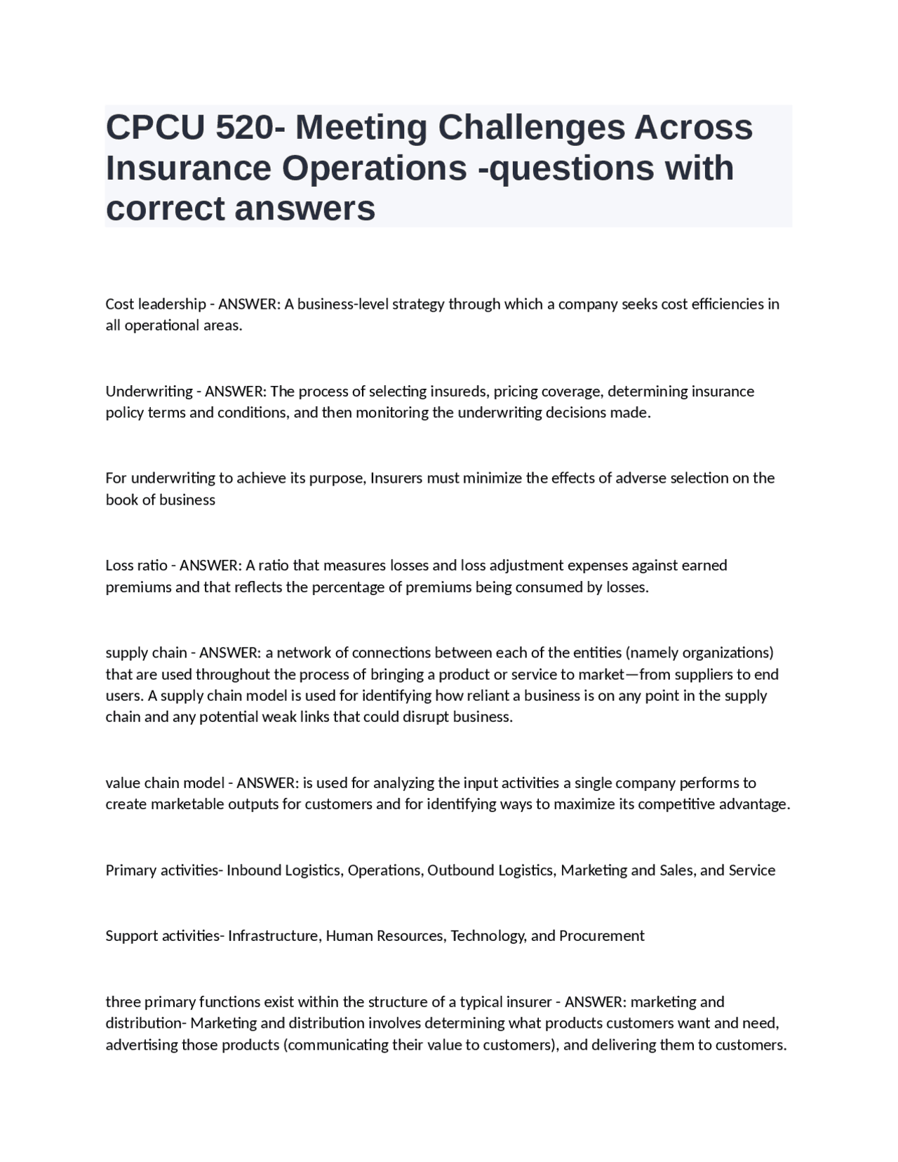 CPCU 520- Meeting Challenges Across Insurance Operations -questions ...