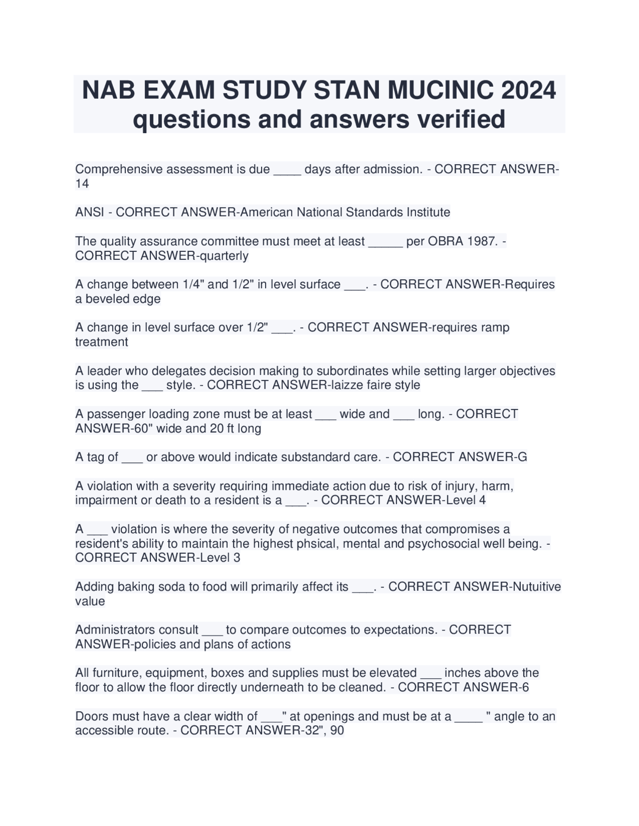 NAB EXAM STUDY STAN MUCINIC 2024 questions and answers verified | Exams ...