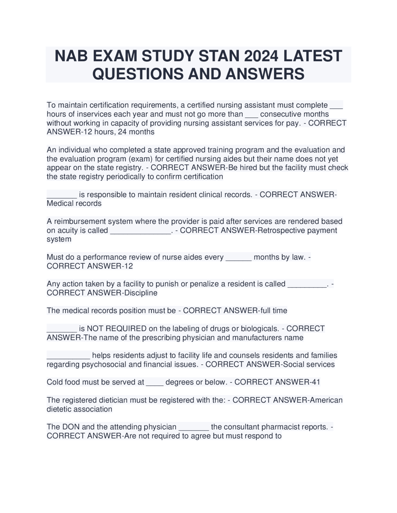 NAB EXAM STUDY STAN 2024 LATEST QUESTIONS AND ANSWERS | Exams Nursing ...