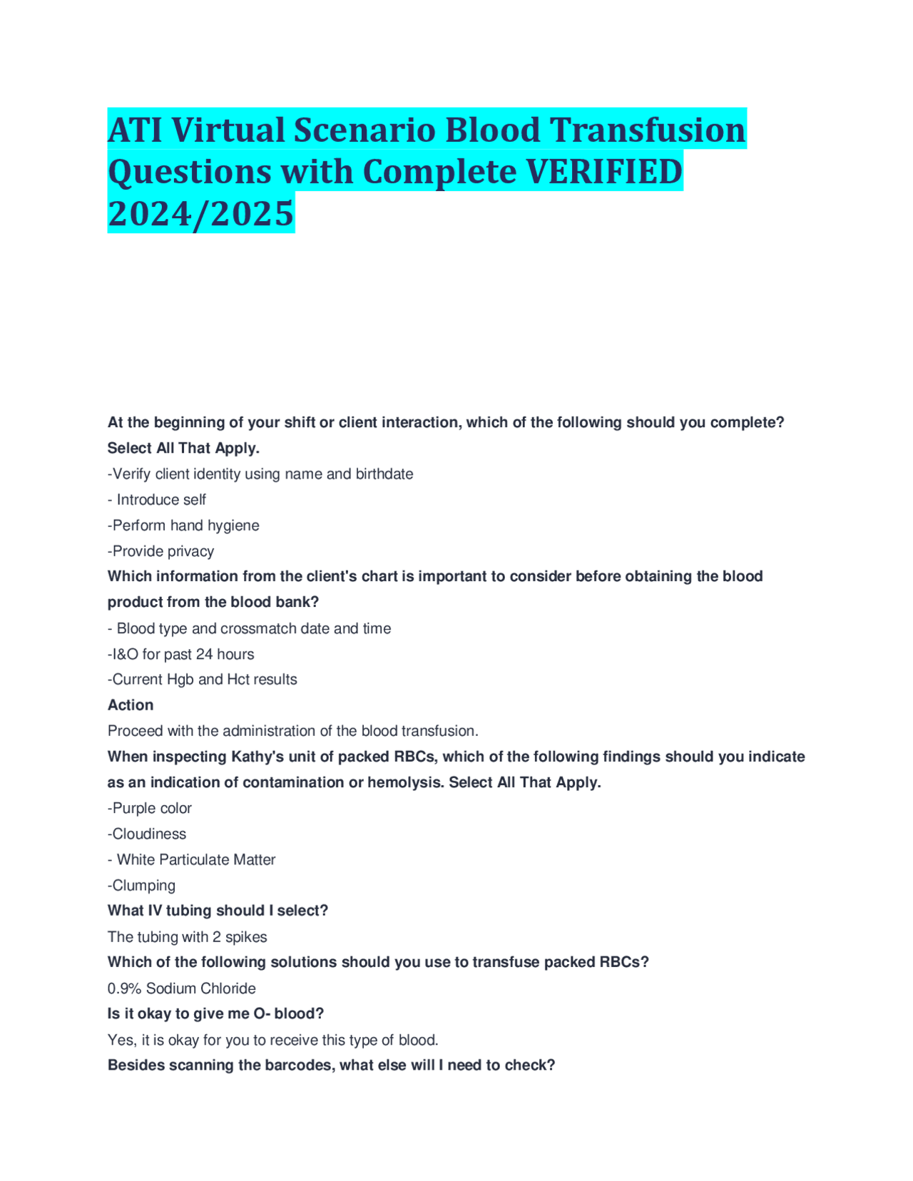 ATI Virtual Scenario Blood Transfusion Questions with Complete VERIFIED ...