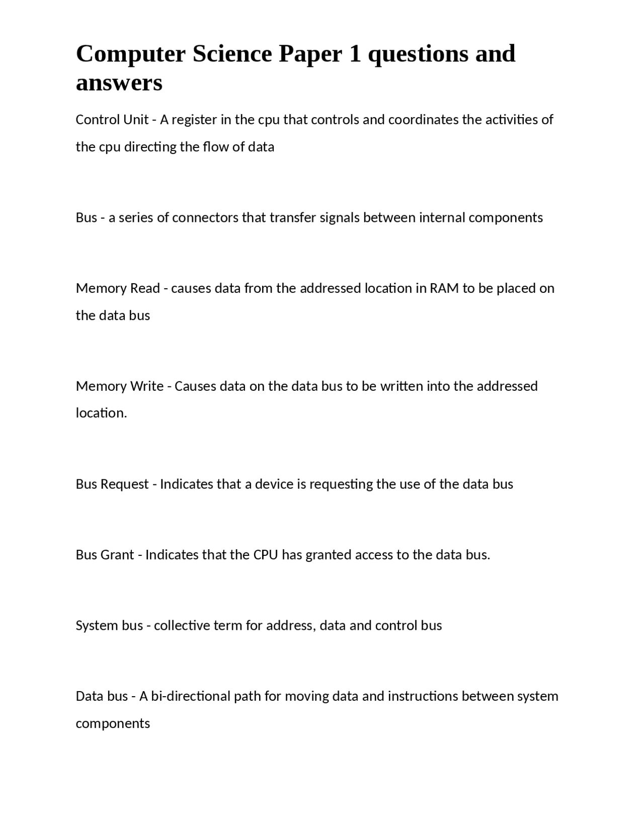 Computer Science Paper 1 questions and answers | Exams Nursing | Docsity