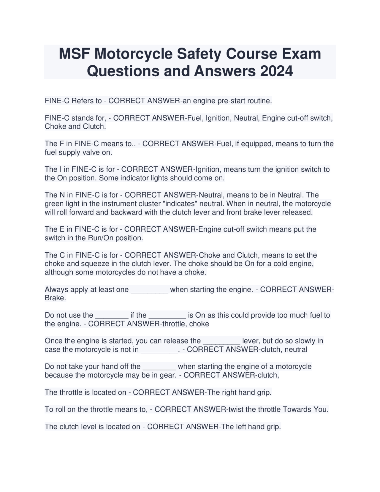 MSF Motorcycle Safety Course Exam Questions and Answers 2024 | Exams ...