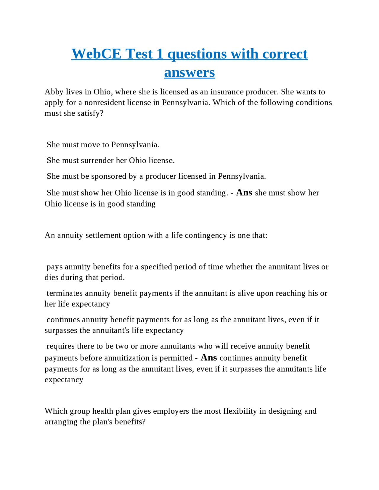 WebCE Test 1 questions with correct answers | Exams Nursing | Docsity