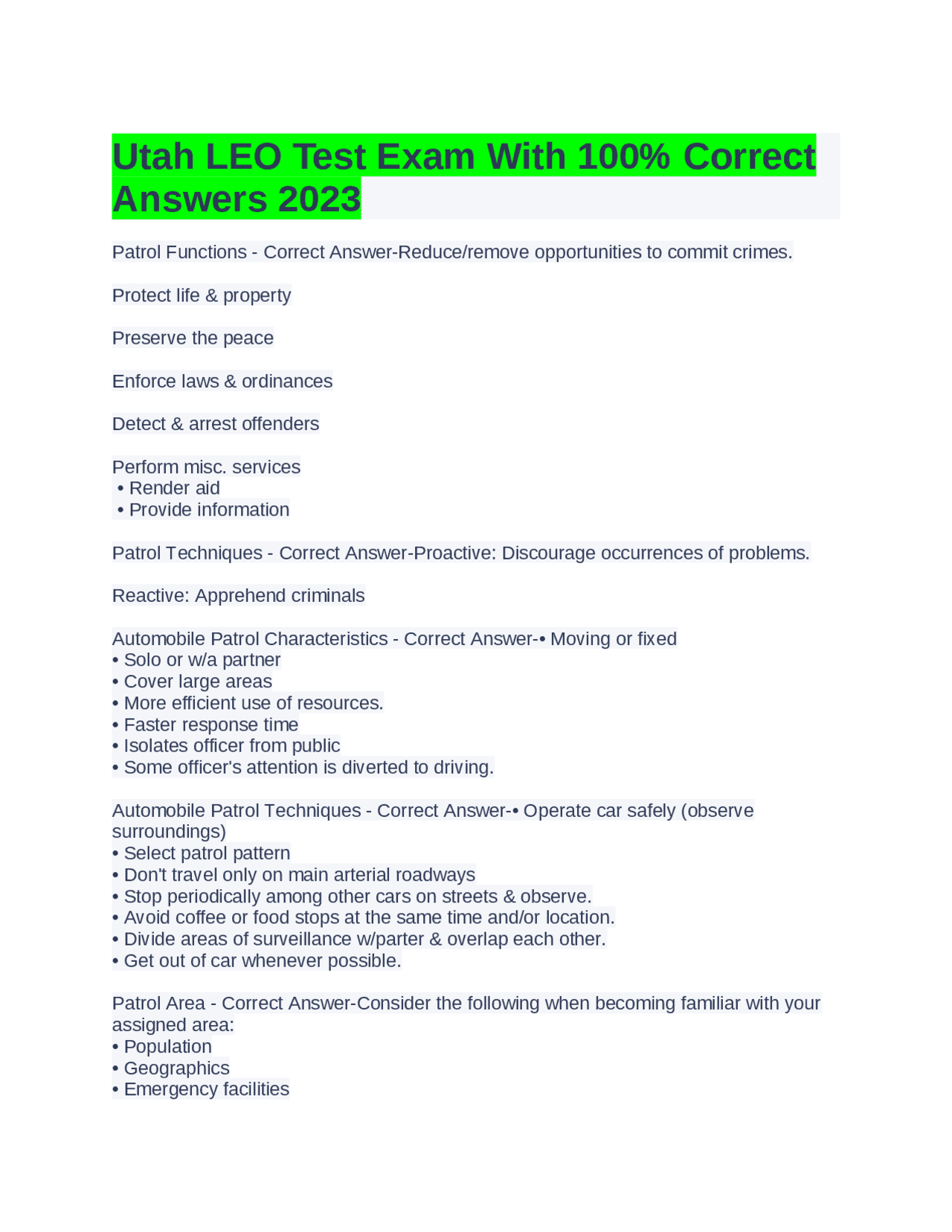 Utah LEO Test Exam With 100% Correct Answers 2023 | Exams Advanced ...