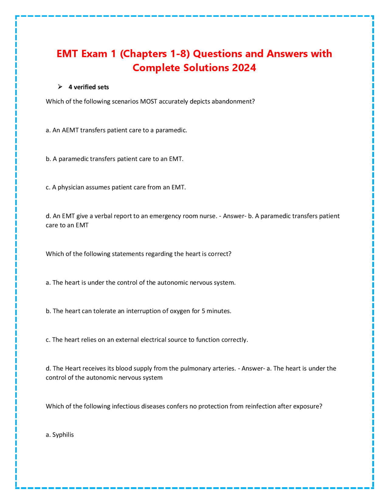 EMT Exam 1 (Chapters 1-8) Questions and Answers with Complete Solutions ...