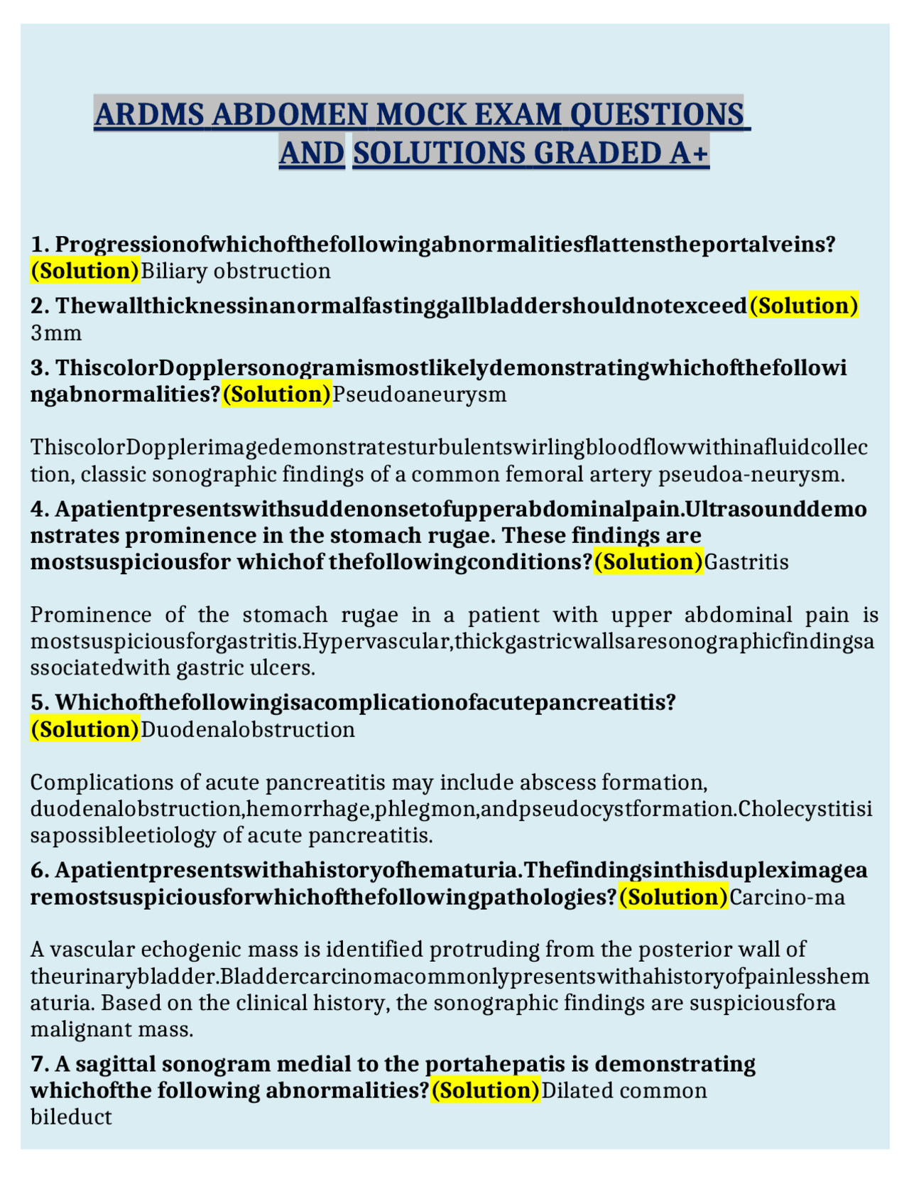 ARDMS ABDOMEN MOCK EXAM QUESTIONS AND SOLUTIONS GRADED A | Exams ...