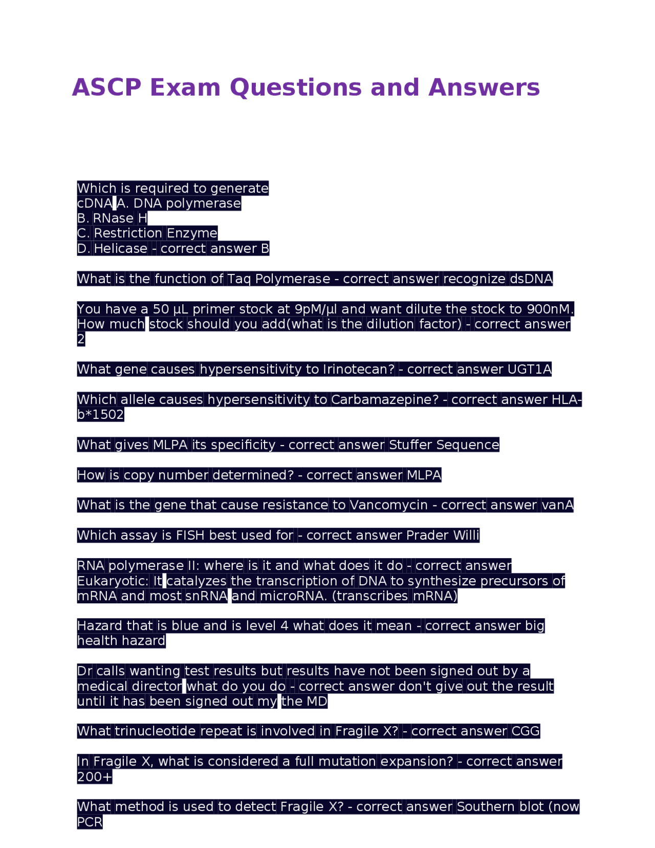 ASCP Exam Questions and Answers | Exams Biology | Docsity