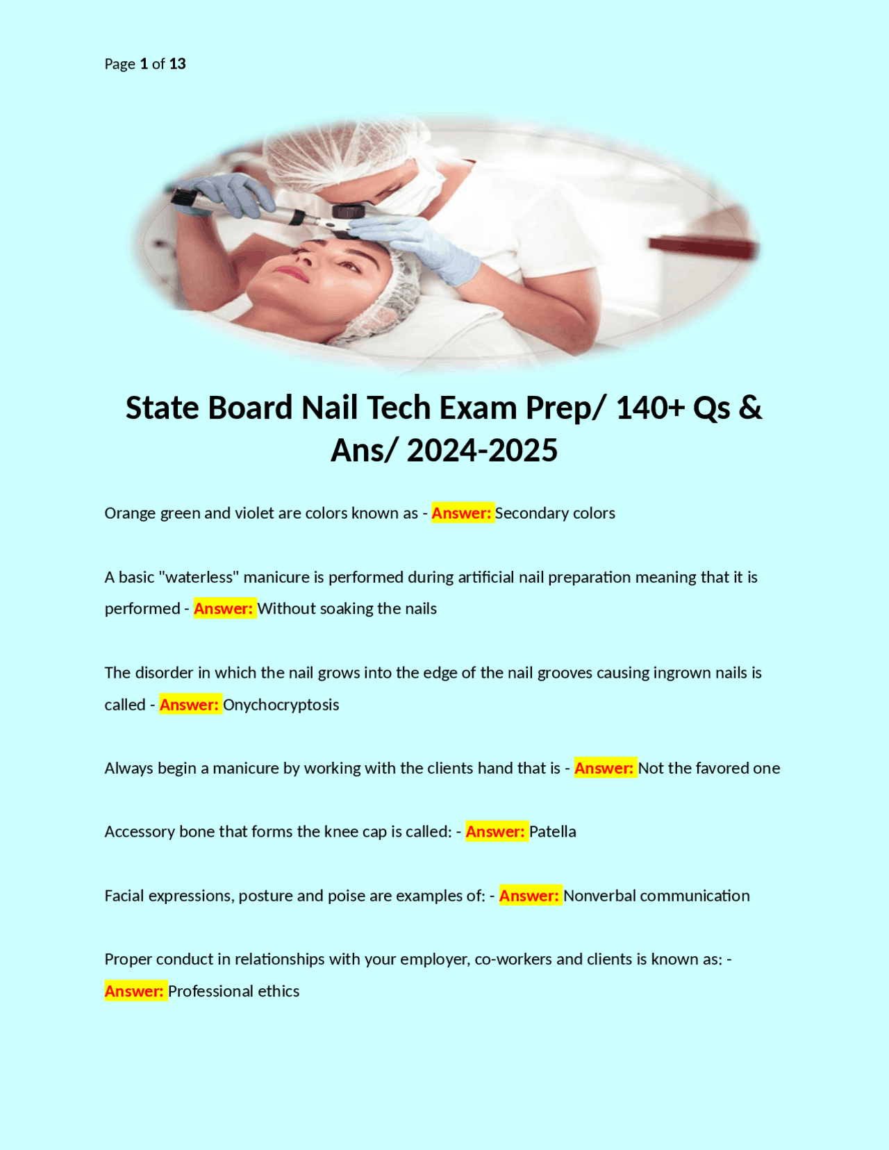 State Board Nail Tech Exam Prep/ 140+ Qs & Ans/ 2024-2025. | Exams ...