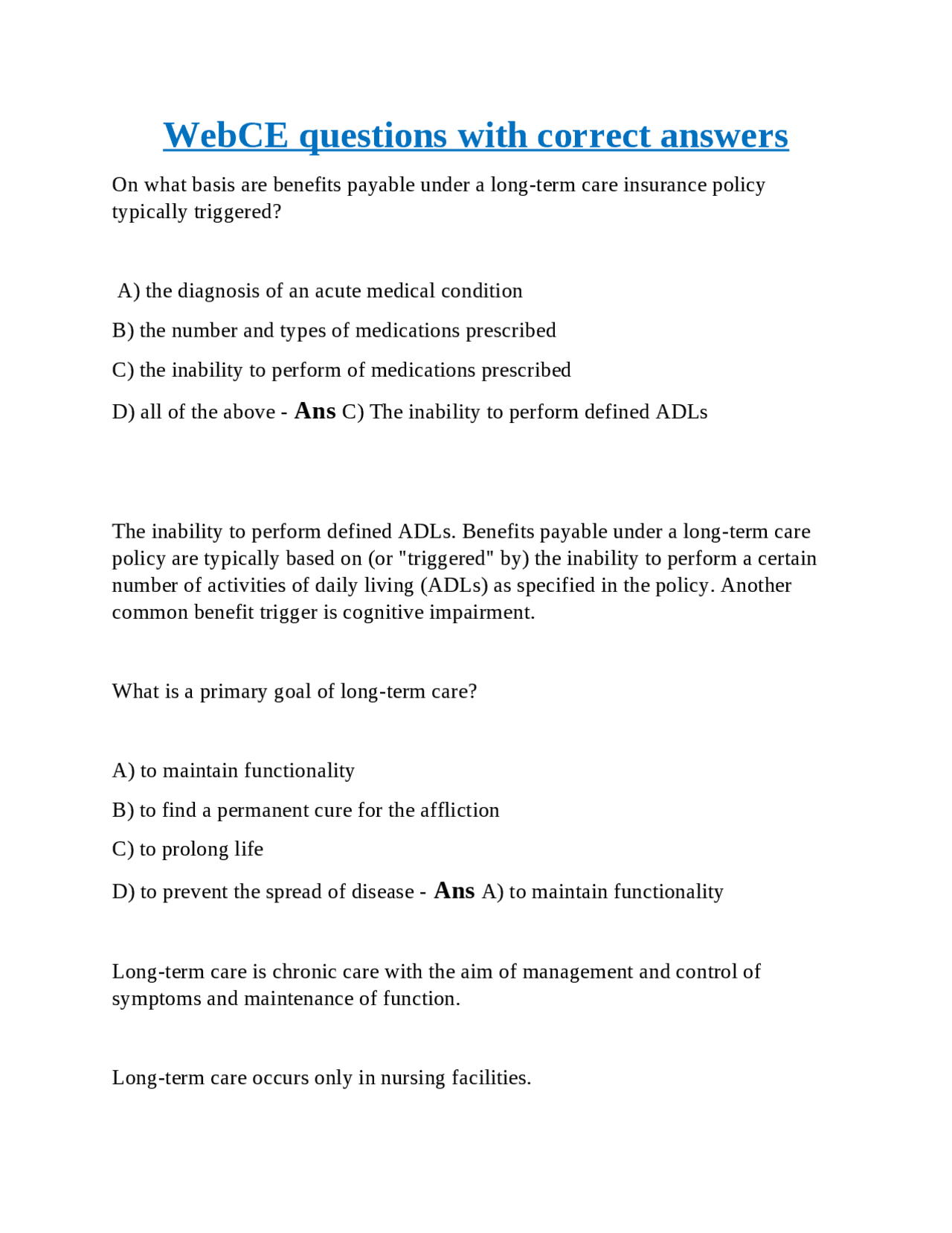 WebCE questions with correct answers | Exams Nursing | Docsity