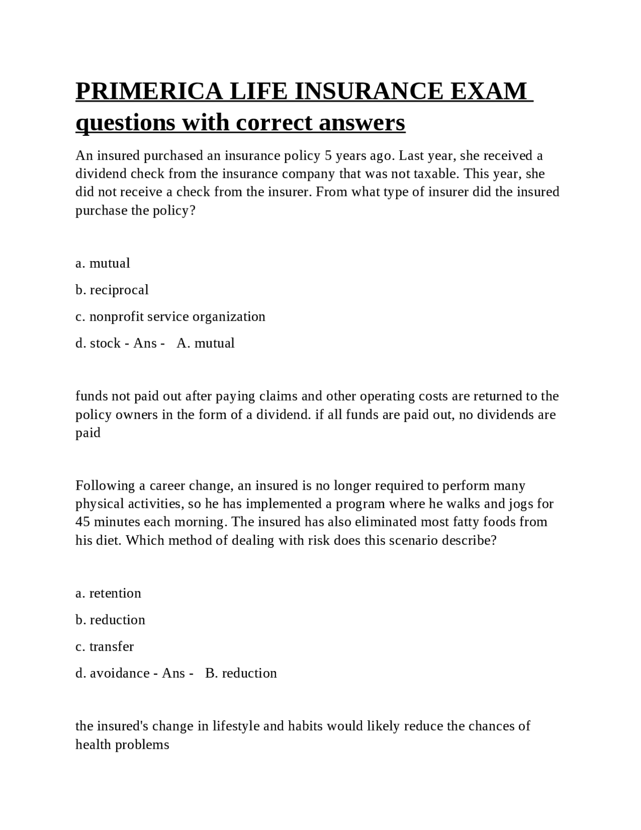 PRIMERICA LIFE INSURANCE EXAM questions with correct answers | Exams ...