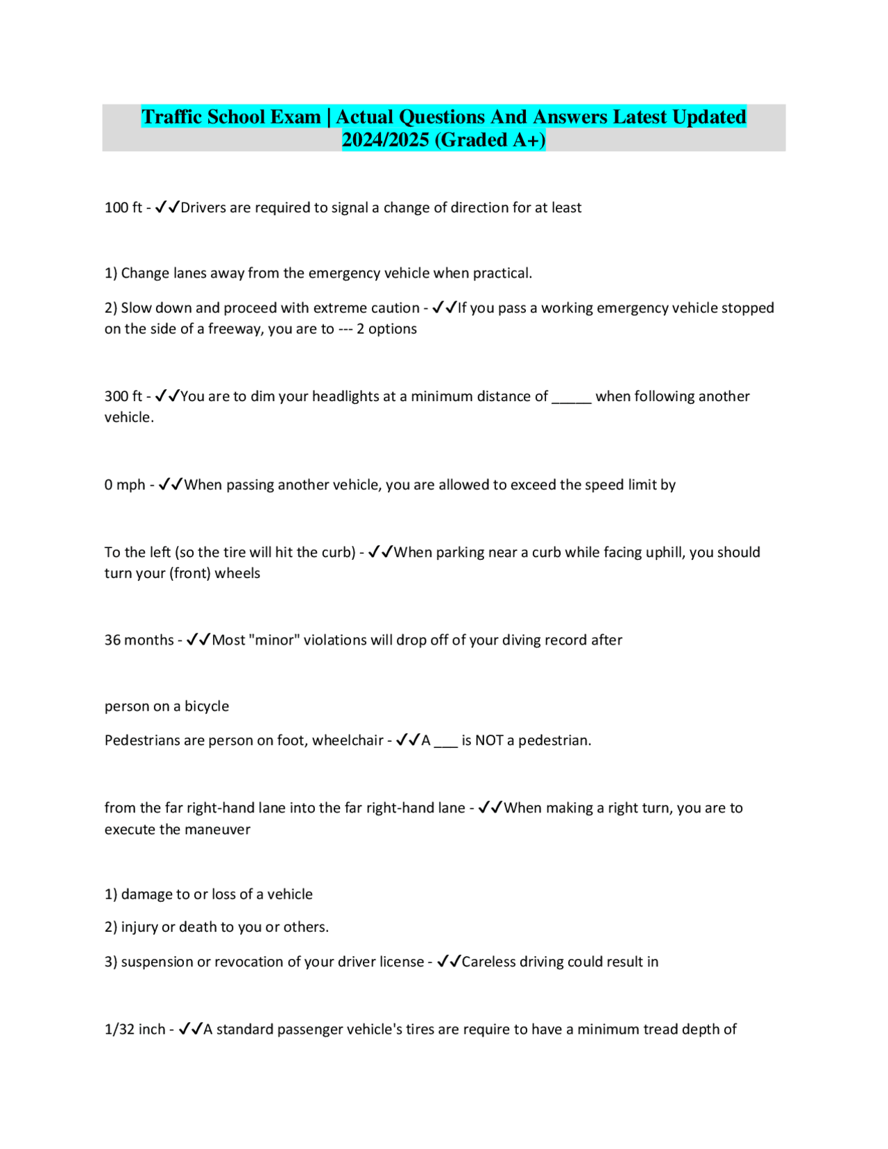 Traffic School Exam | Actual Questions And Answers Latest Updated 2024/ ...