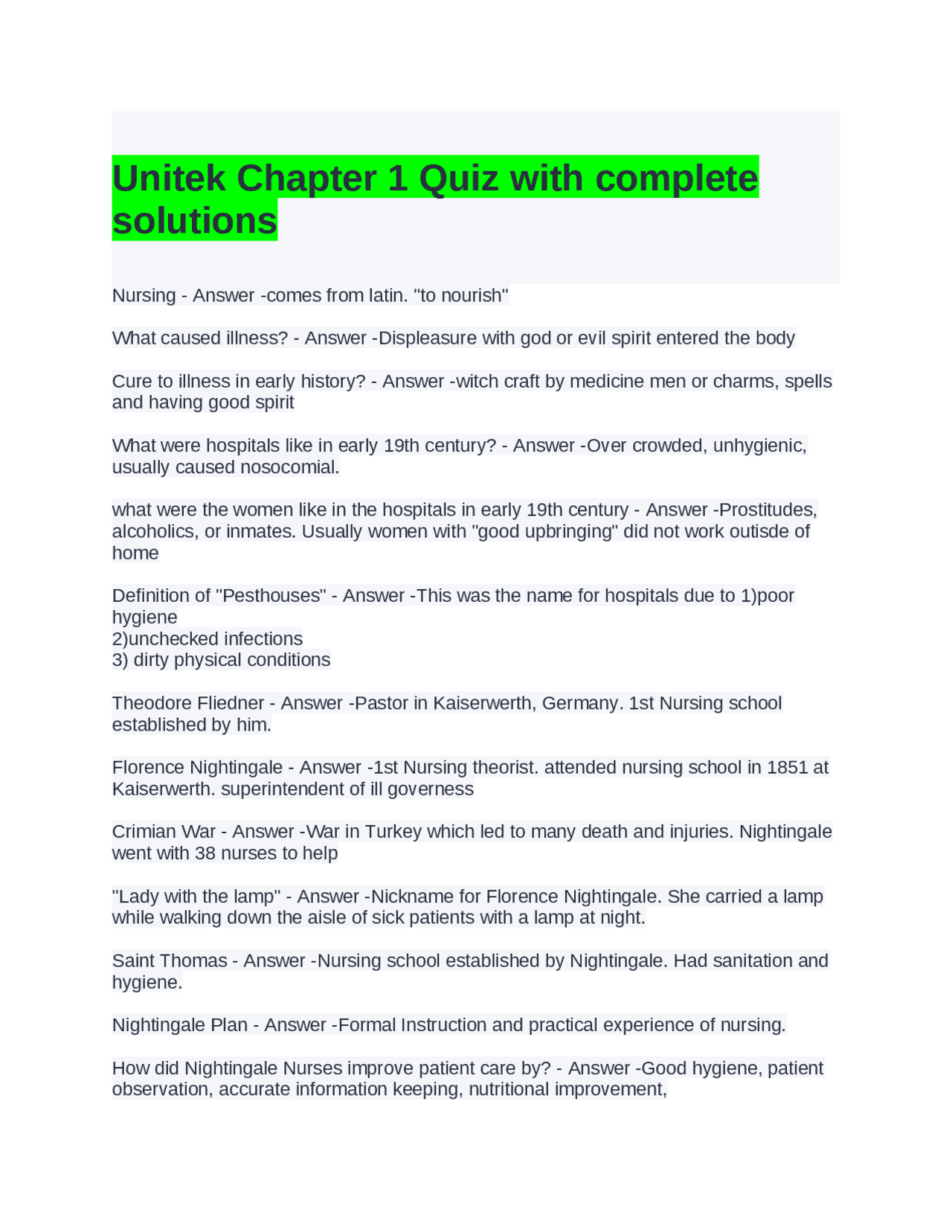 Unitek Chapter 1 Quiz with complete solutions | Exams Nursing | Docsity
