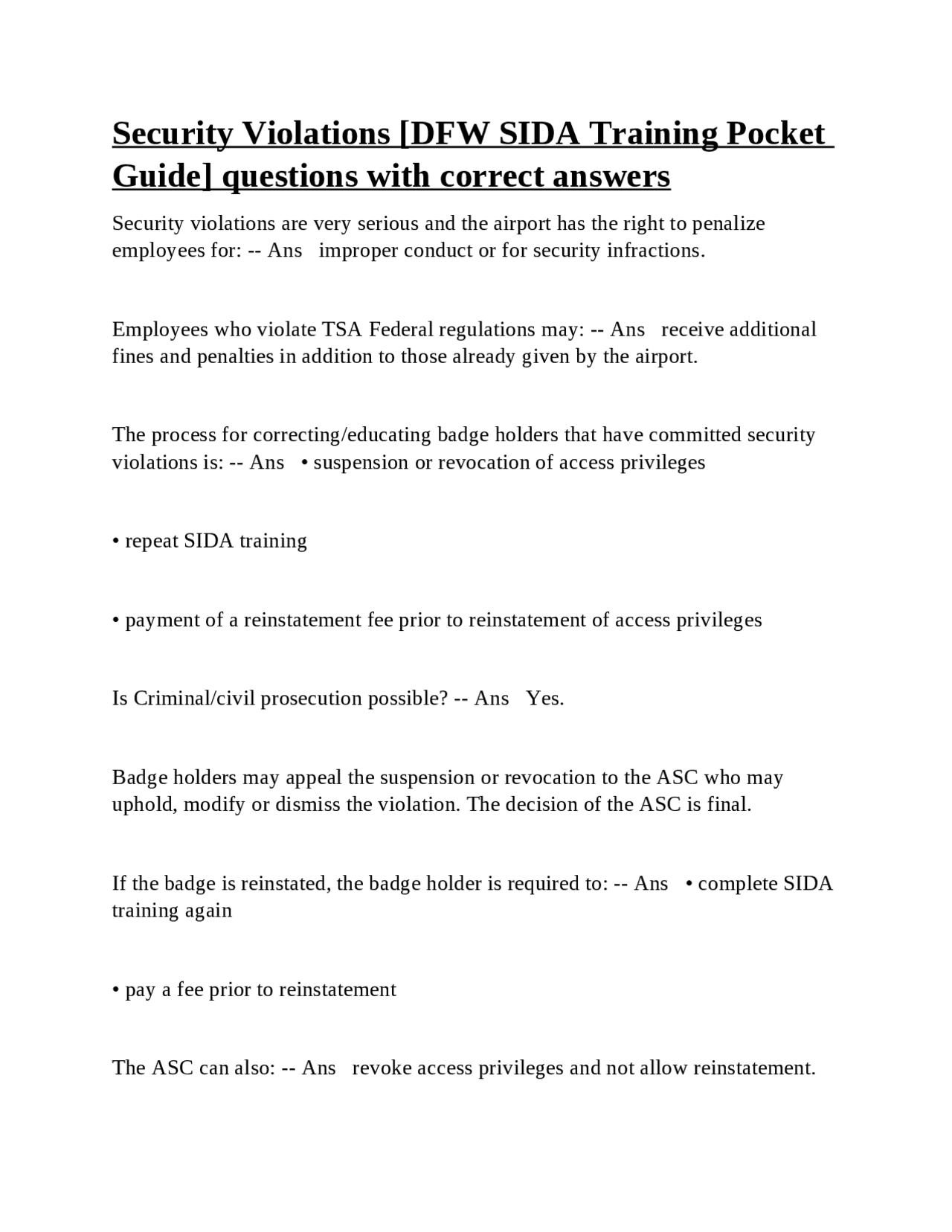 Security Violations [DFW SIDA Training Pocket Guide] questions with ...