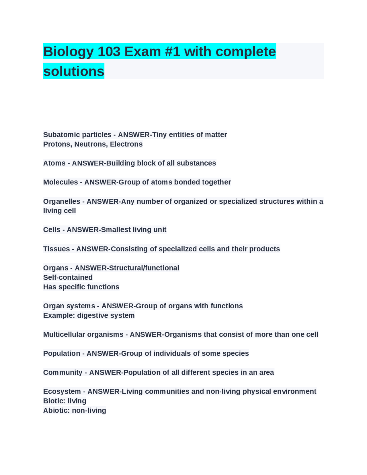 Biology 103 Exam #1 with complete solutions. | Exams Biology | Docsity